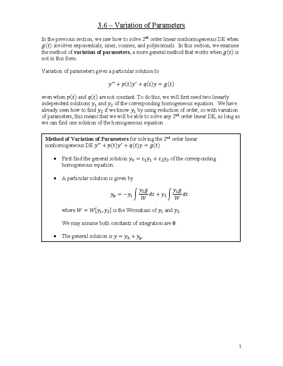 3.6 notes - 3 3 Variation of Parameters In the previous section, we saw ...