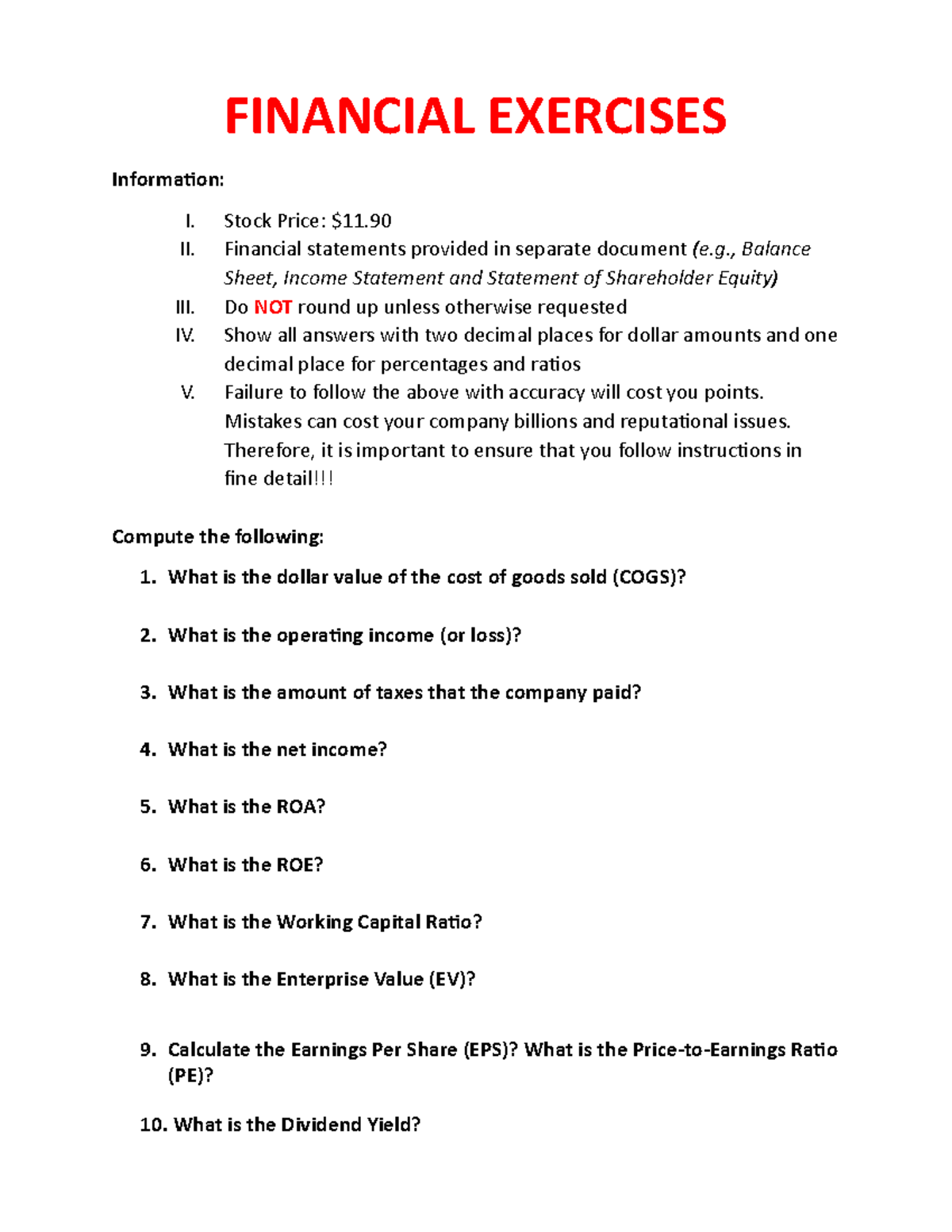 BOM - Financial Exercises - Student COPY - FINANCIAL EXERCISES ...