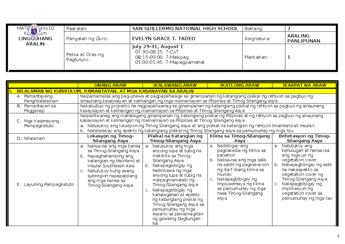 AP7 Q1 Week 1 - lesson plan - MATATAG Kto Kurikulum LINGGUHANG ARALIN Paaralan: SAN GUILLERMO ...