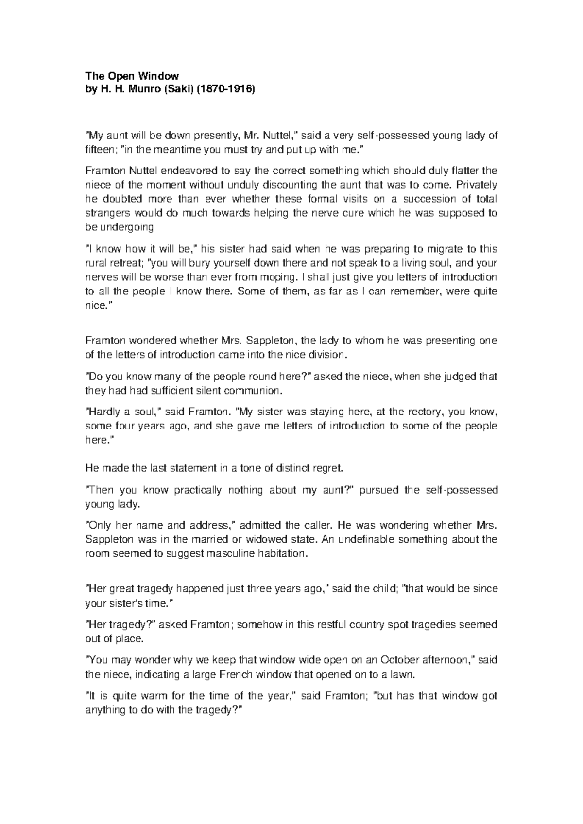 The Open Window - Poetry - The Open Window by H. H. Munro (Saki) (1870 ...