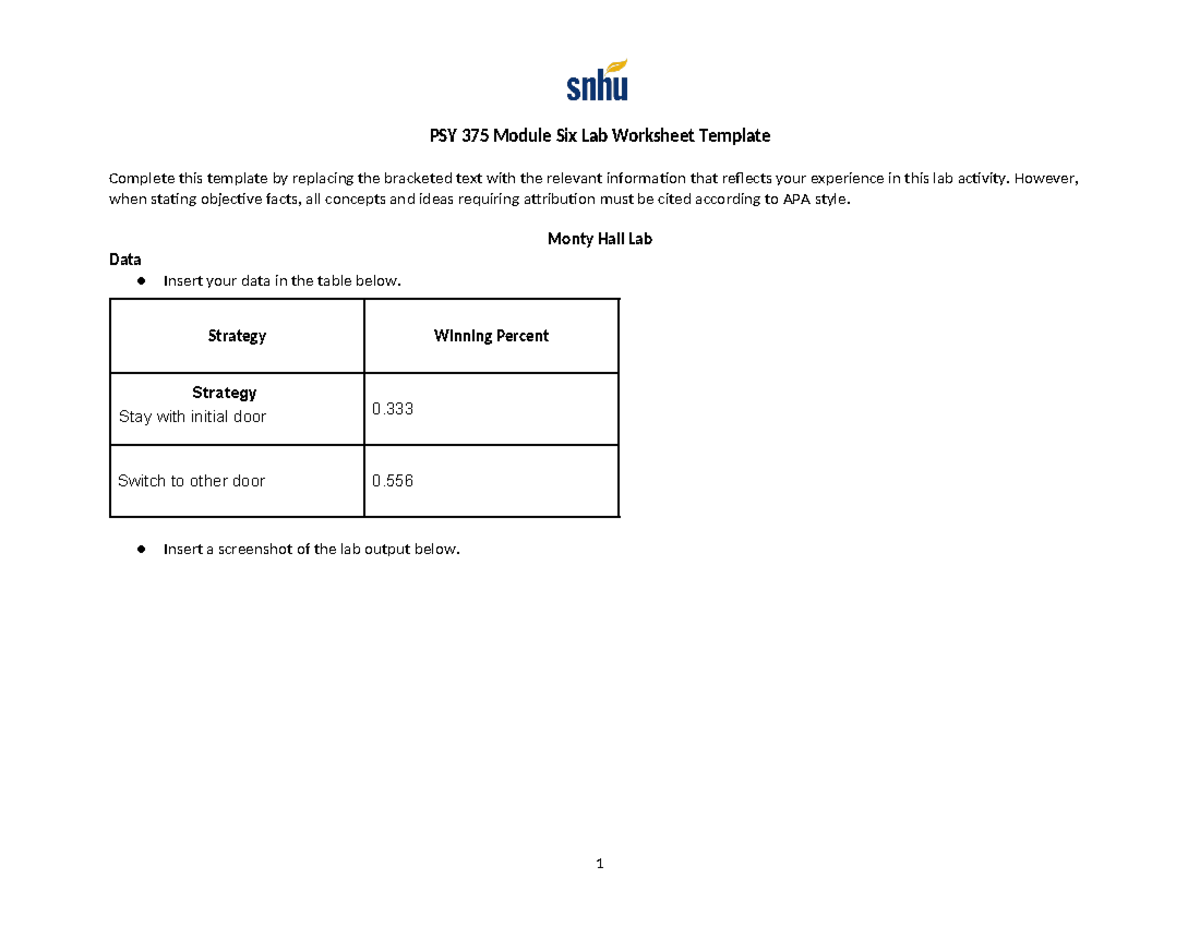 PSY 375 Module Six Lab Worksheet Template Rachel Steadman - PSY 375 ...
