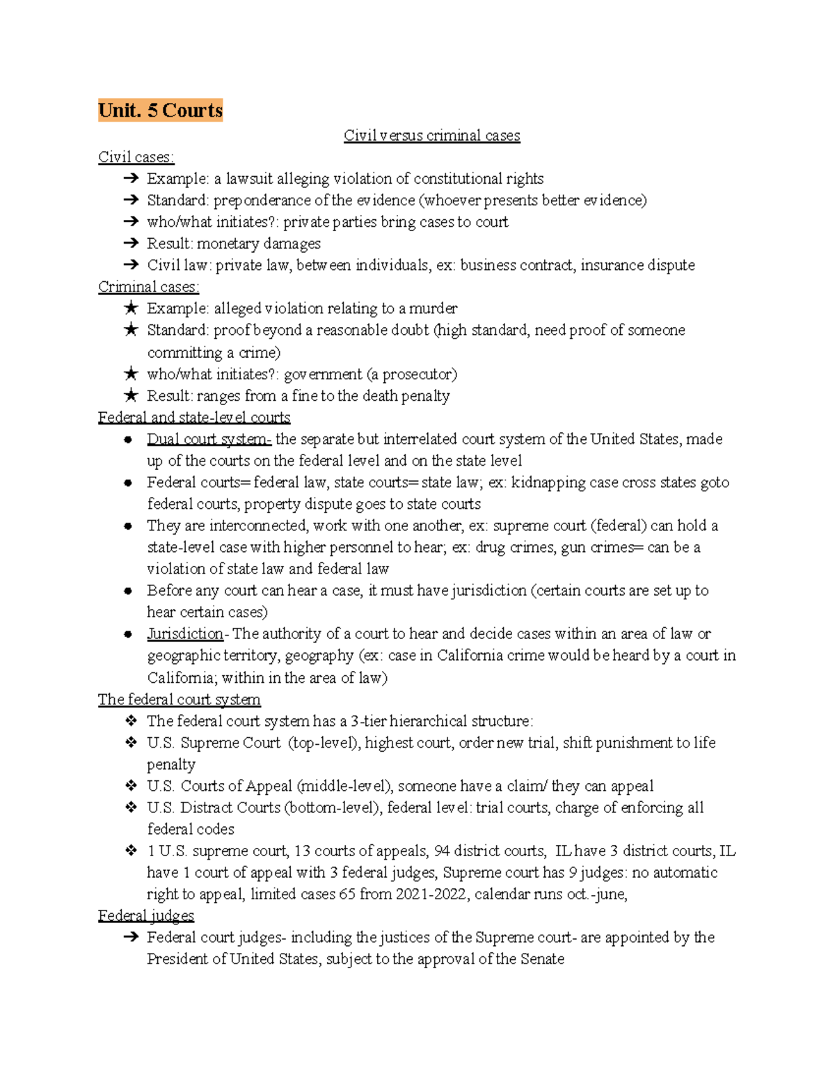 CLJ 101 Notes Unit 5-8 - Unit. 5 Courts Civil versus criminal cases ...