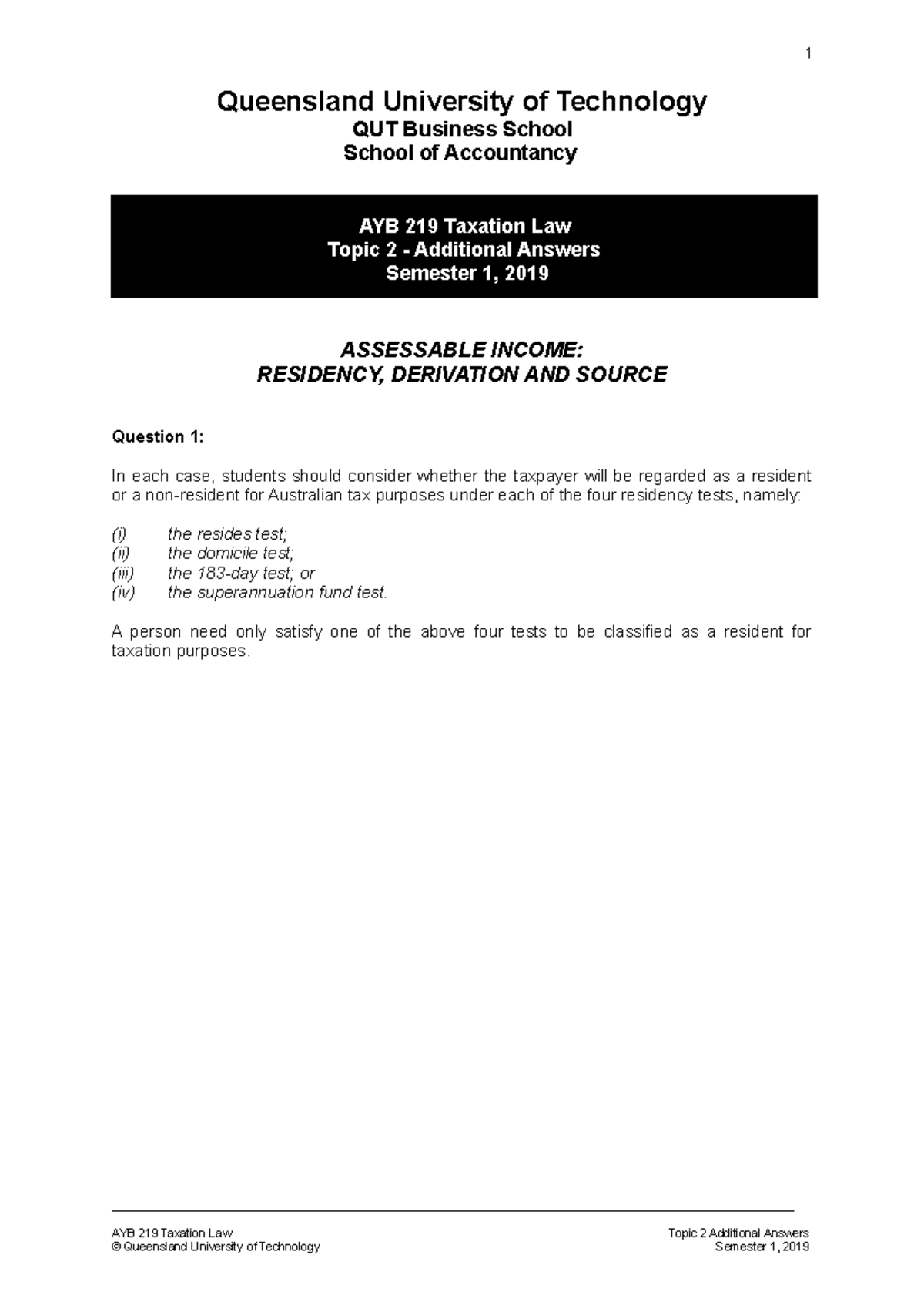 Topic 2 Answers - additional tutorial work - 1 Queensland University of ...