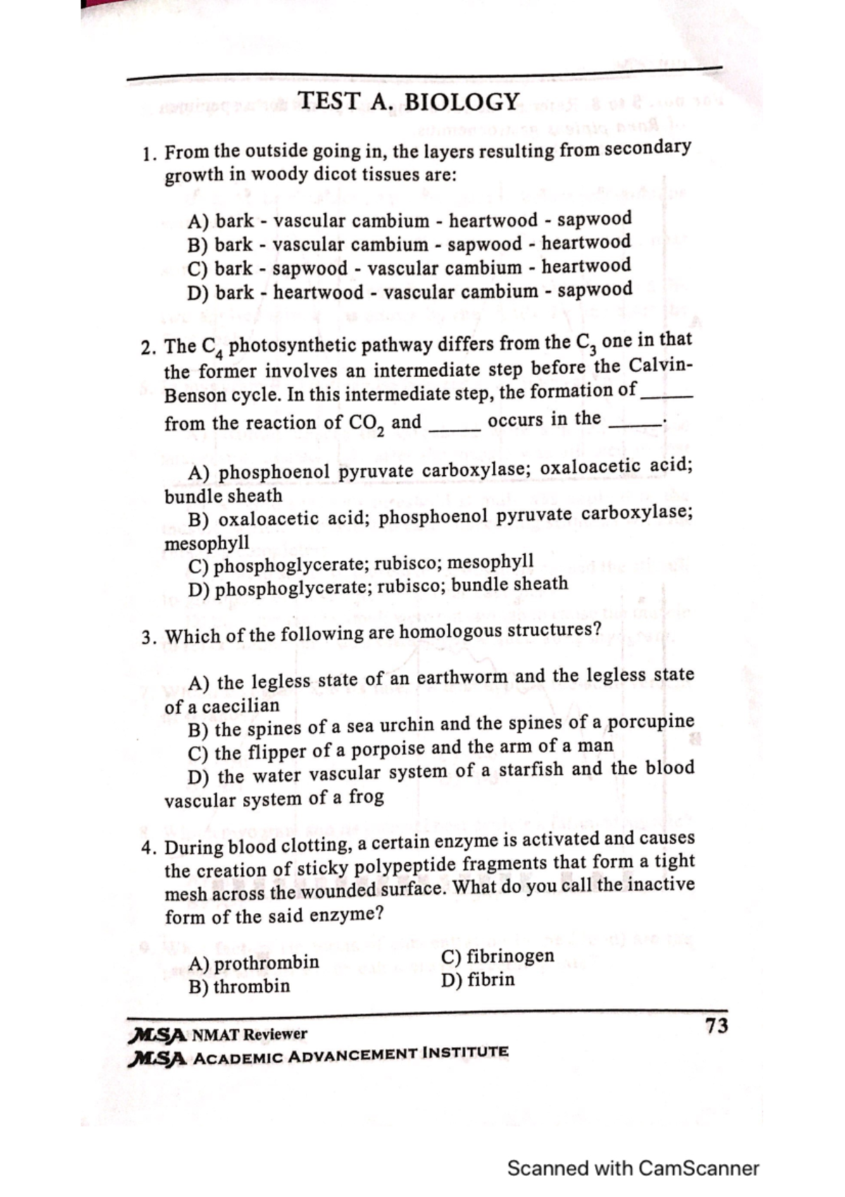 BIO MSA - Lecture Notes of MSA Biology - TEST A. BIOLOGY 1. From the ...