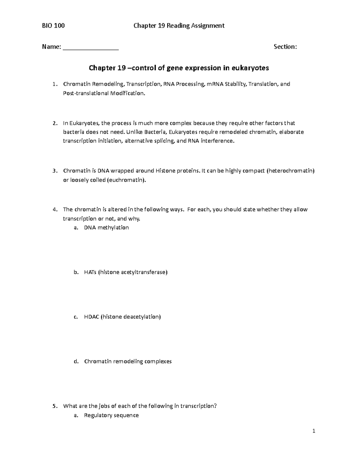Chapter 19 Gene Expression HW.docx - BIO 100 Chapter 19 Reading ...