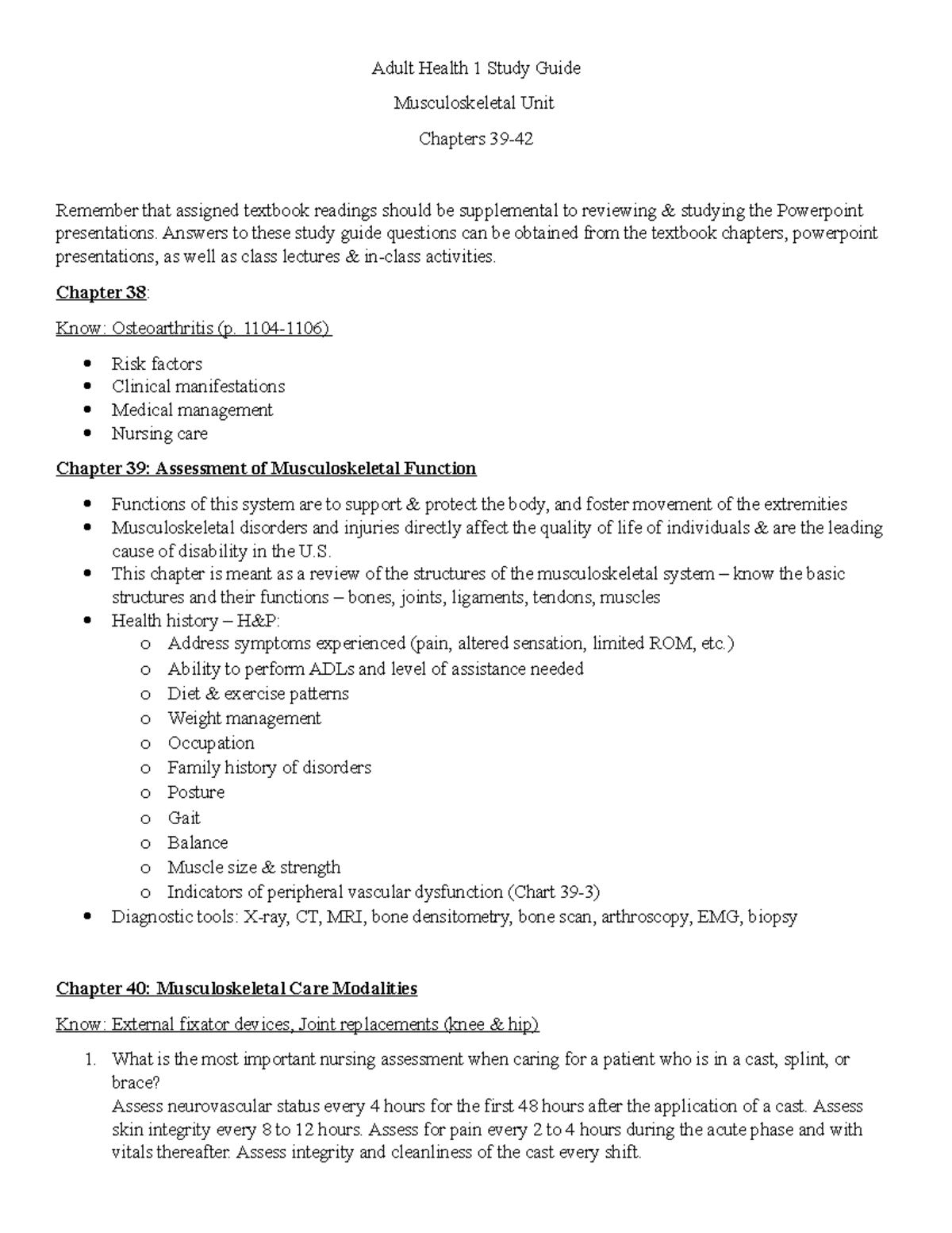 Musculoskeletal Unit Study Guide (1) - Adult Health 1 Study Guide ...