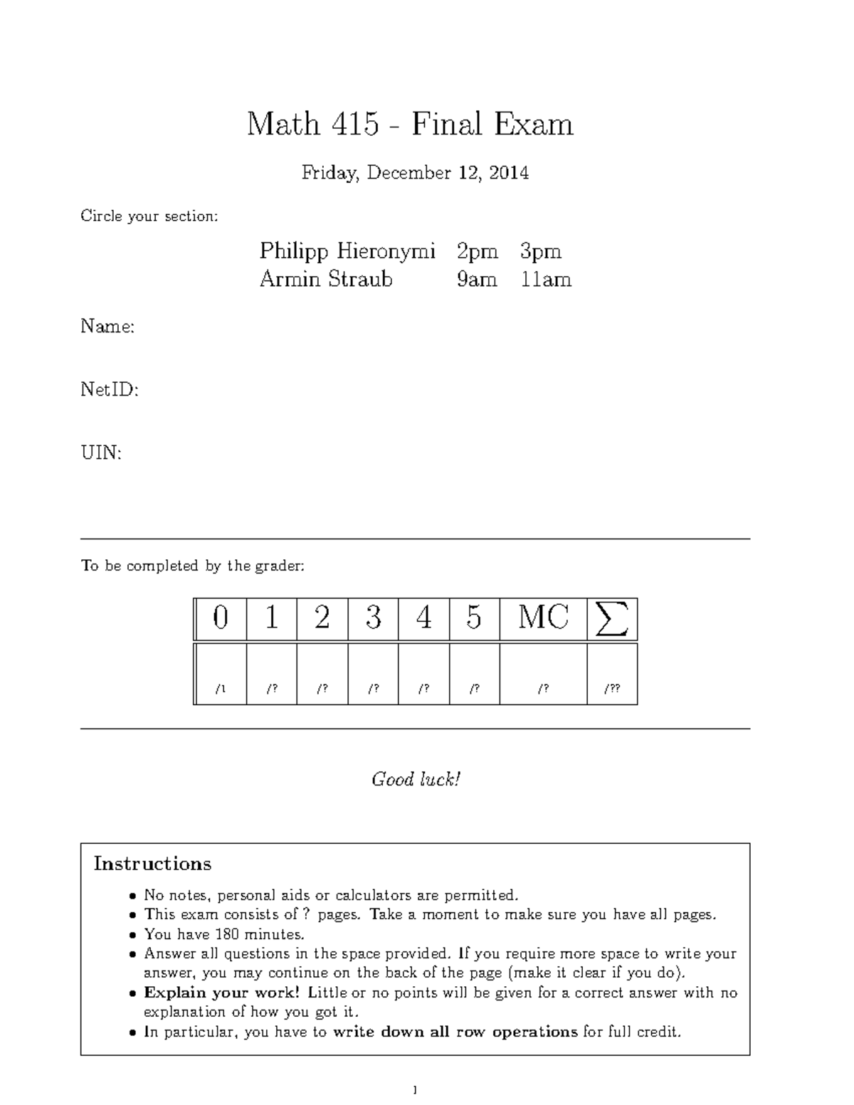 Final Fall 2014 - Solution - Math 415 - Final Exam Friday, December 12 ...