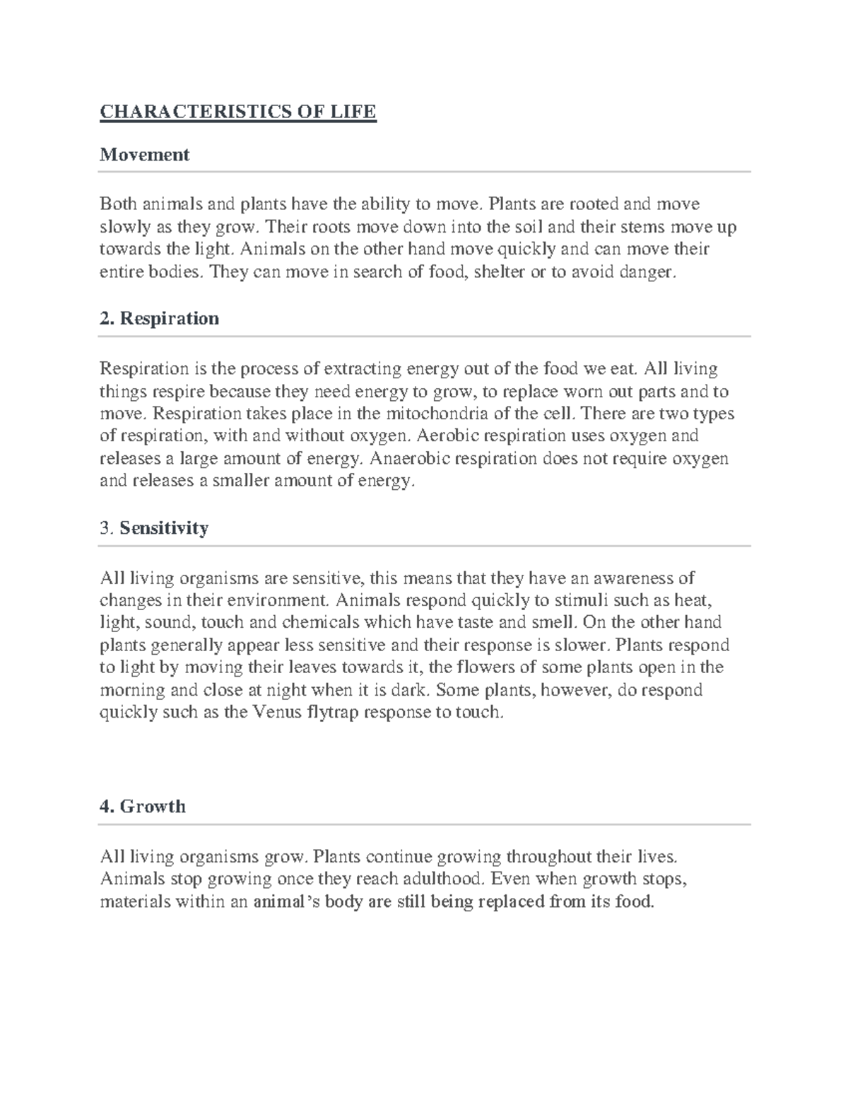 biology bgcse notes - CHARACTERISTICS OF LIFE Movement Both animals and ...