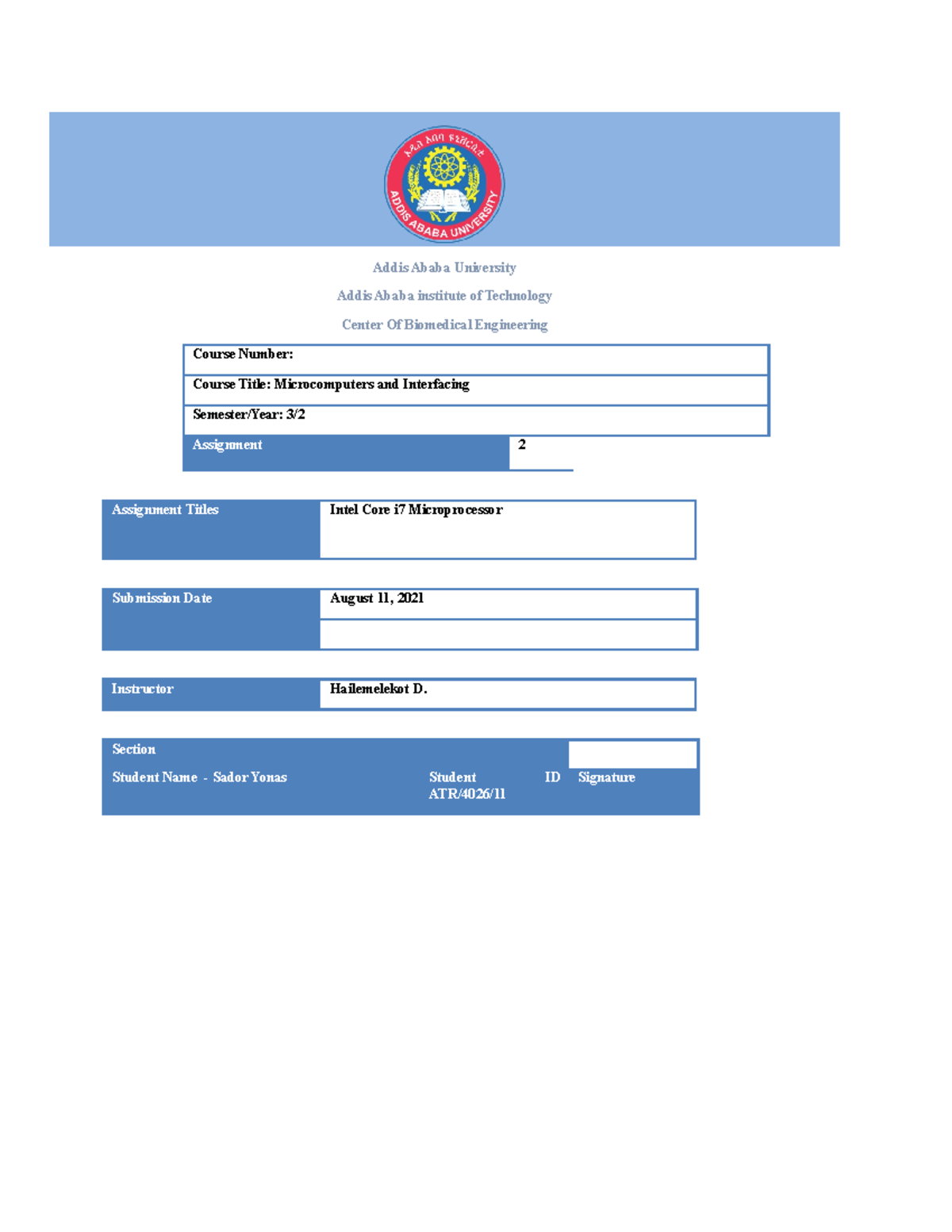 Interface Assignment - Addis Ababa University Addis Ababa institute of ...