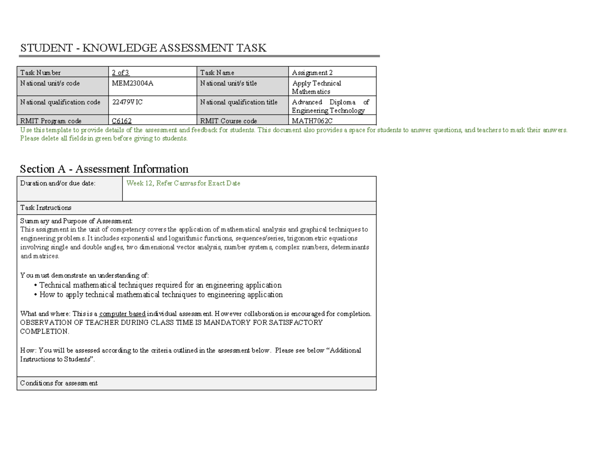 Civil MATH7062 Assignment 2 - STUDENT - KNOWLEDGE ASSESSMENT TASK Task Number 2 of 3 33333 Task ...