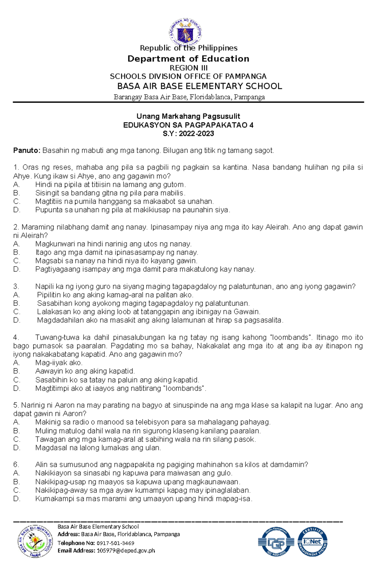 1ST Periodical TEST IN ESP 4 - Department of Education REGION III ...