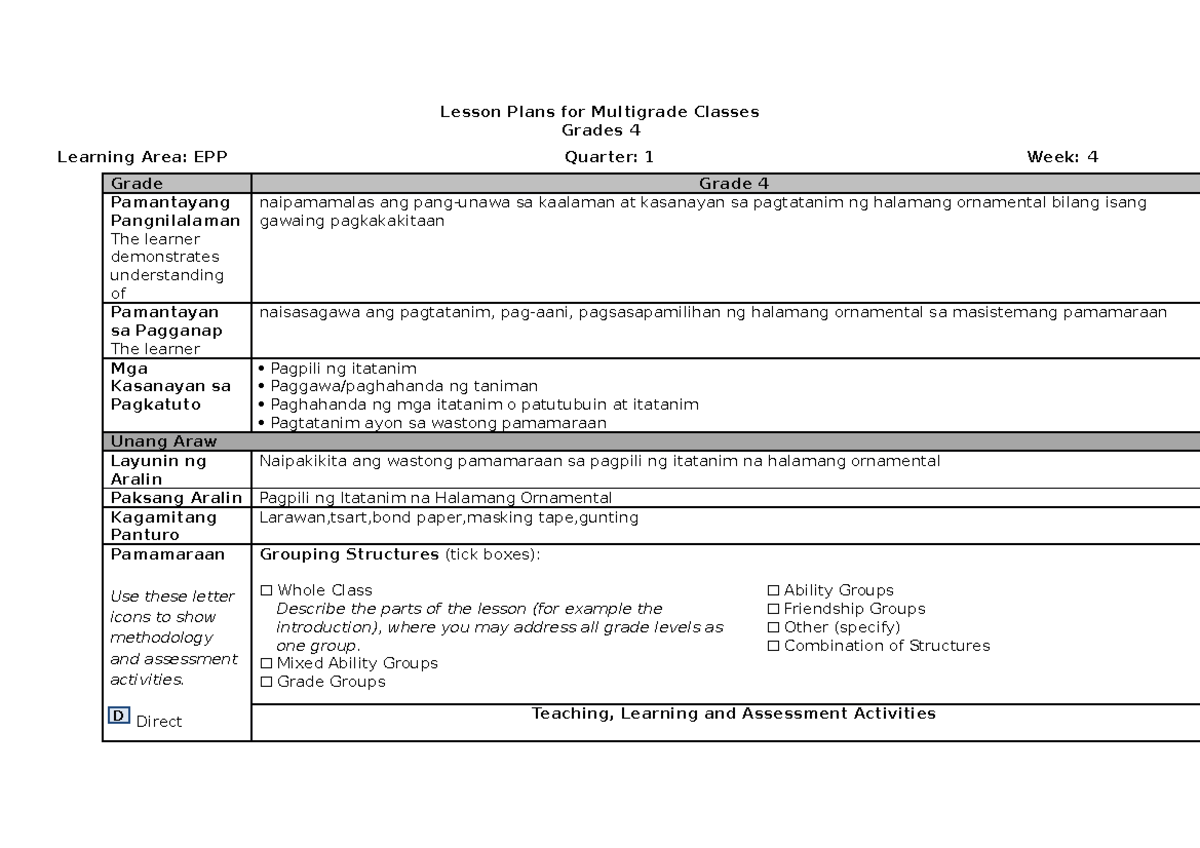 EPP4 Q1 W4 - EDUCATION - Lesson Plans for Multigrade Classes Grades 4 ...