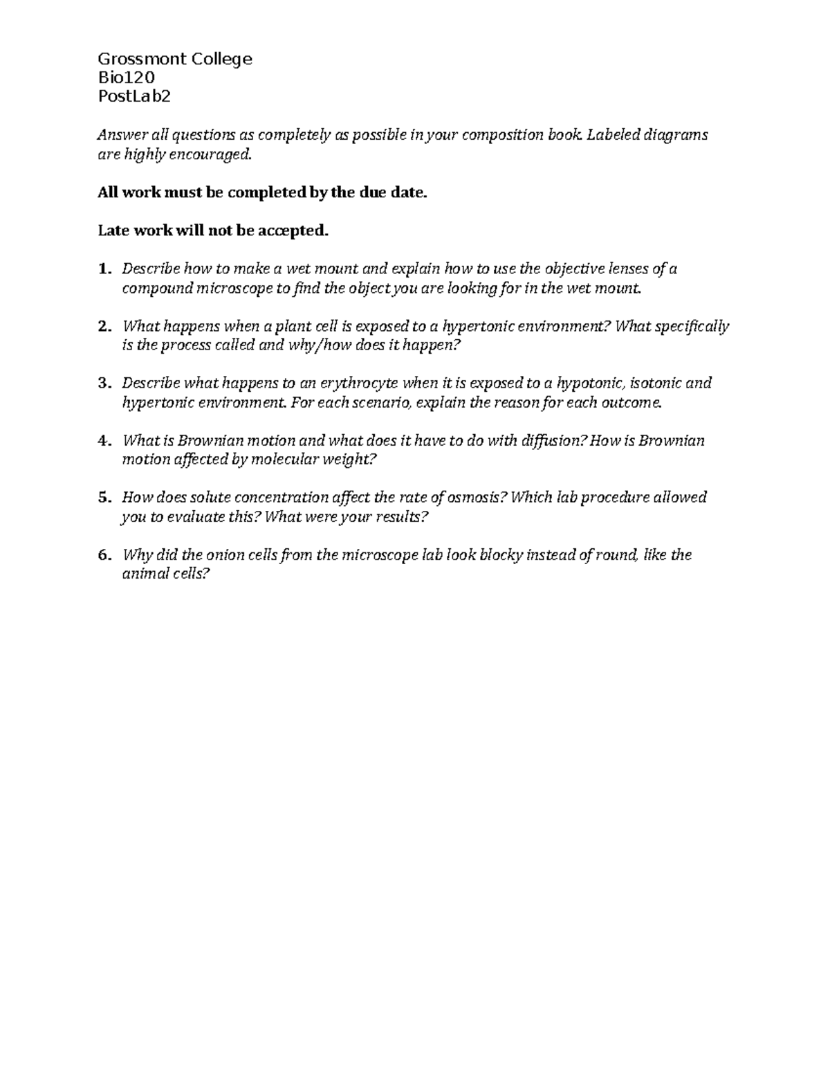 Post Lab 2 - lol - Grossmont College Bio PostLab Answer all questions ...