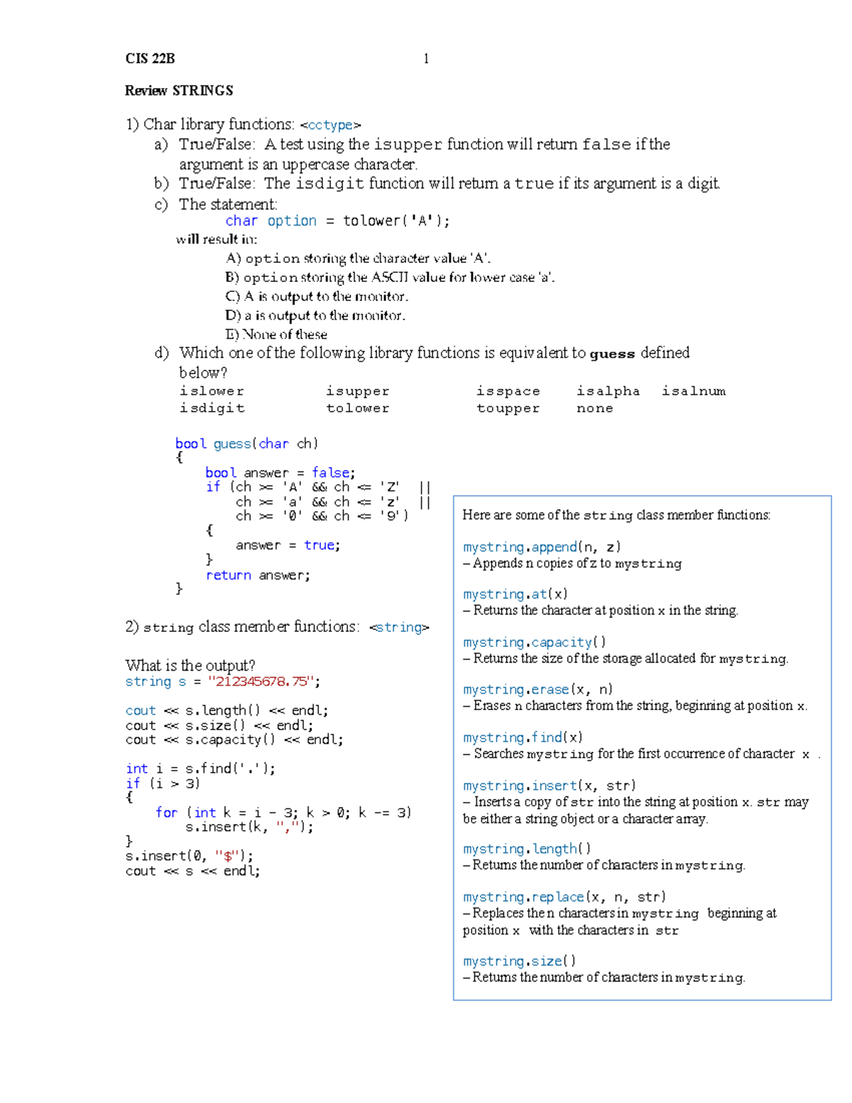 Strings Lecture Cis 2 De Anza College Cis 22b Review Strings 1 1