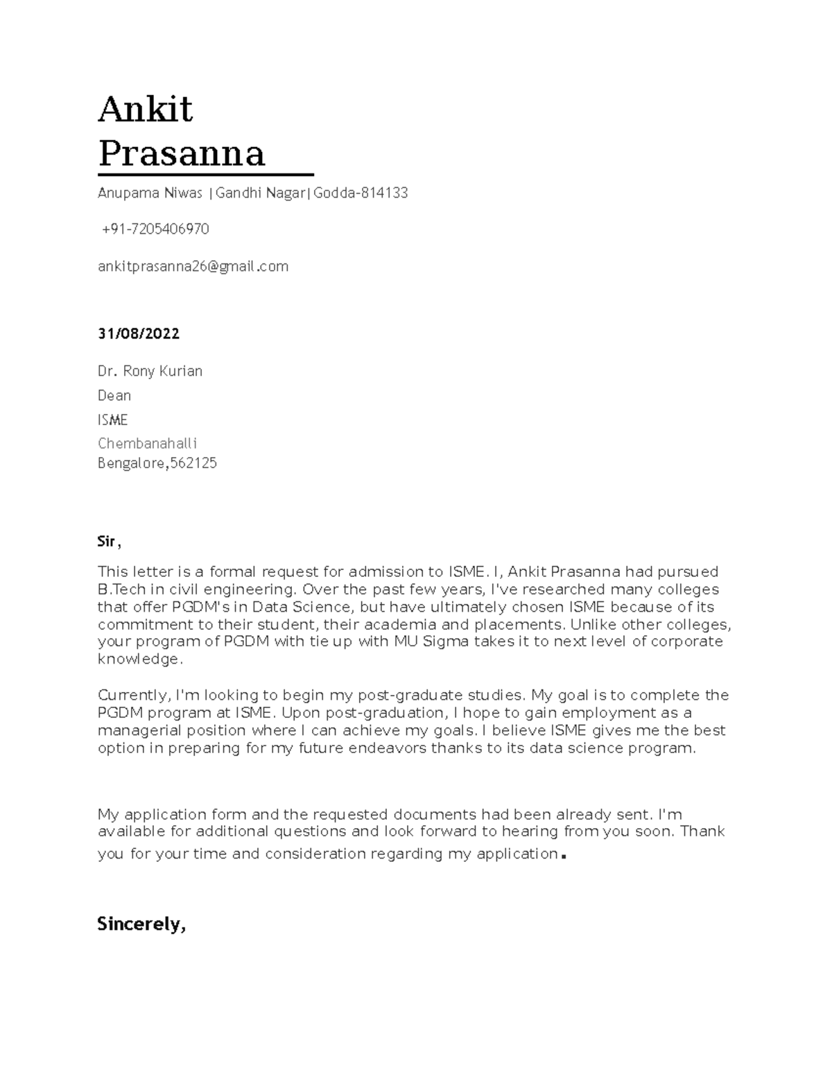 Cover letter - Ankit Prasanna Anupama Niwas |Gandhi Nagar|Godda- +91 ...