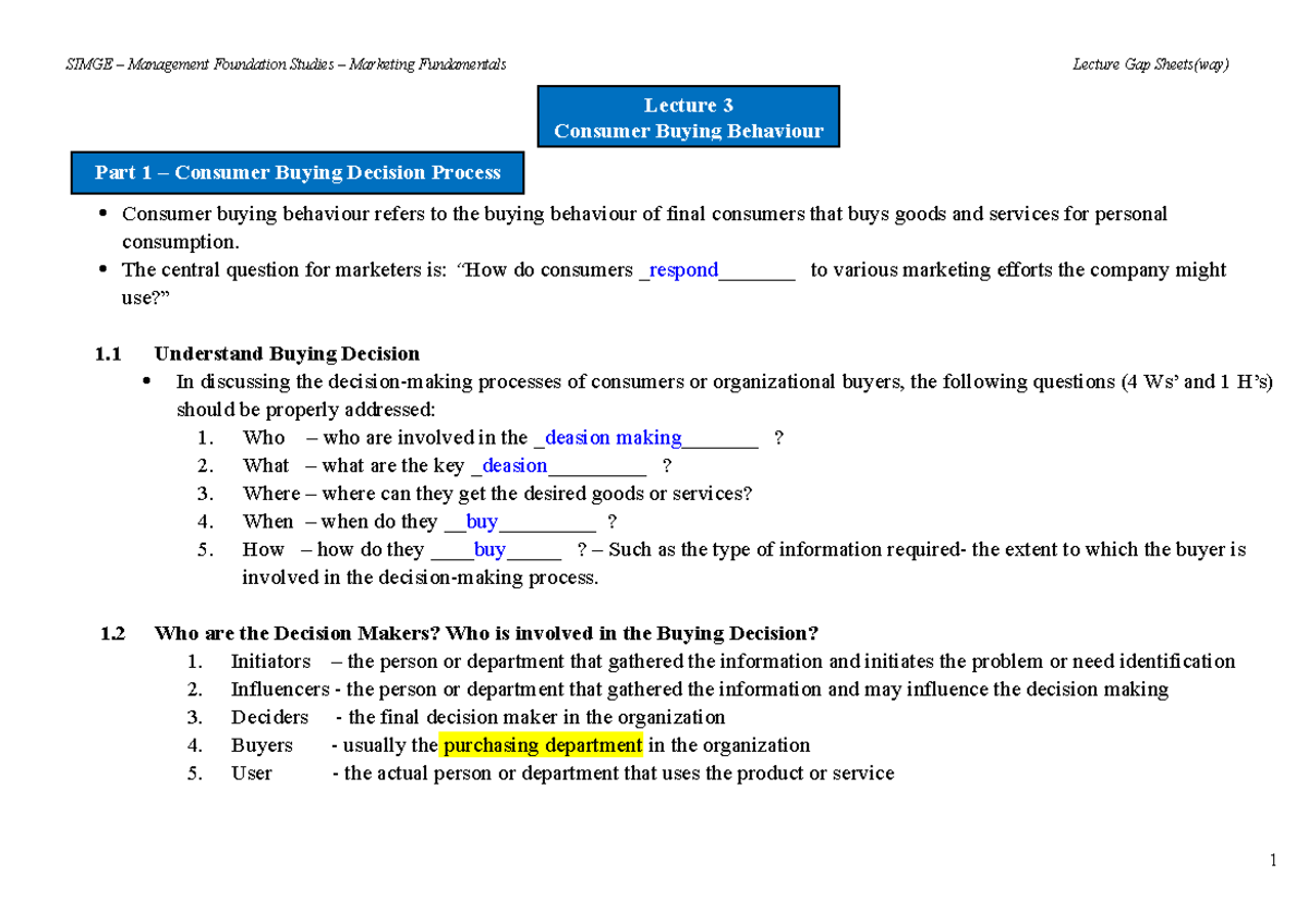 Lecture-3-Gap-Sheet-Consumer-Buying-Behaviour 3 - Consumer buying ...
