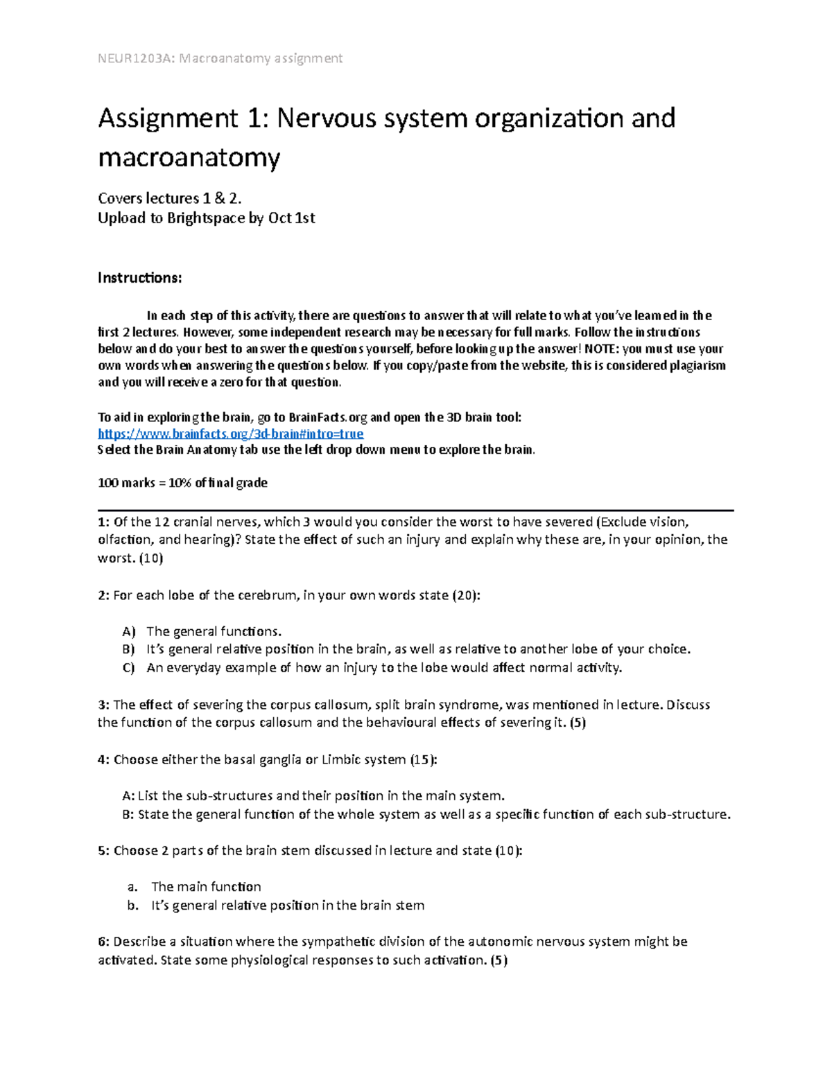 Assignment 1 - rgrgrgr - NEUR1203A: Macroanatomy assignment Assignment 1: Nervous system - Studocu
