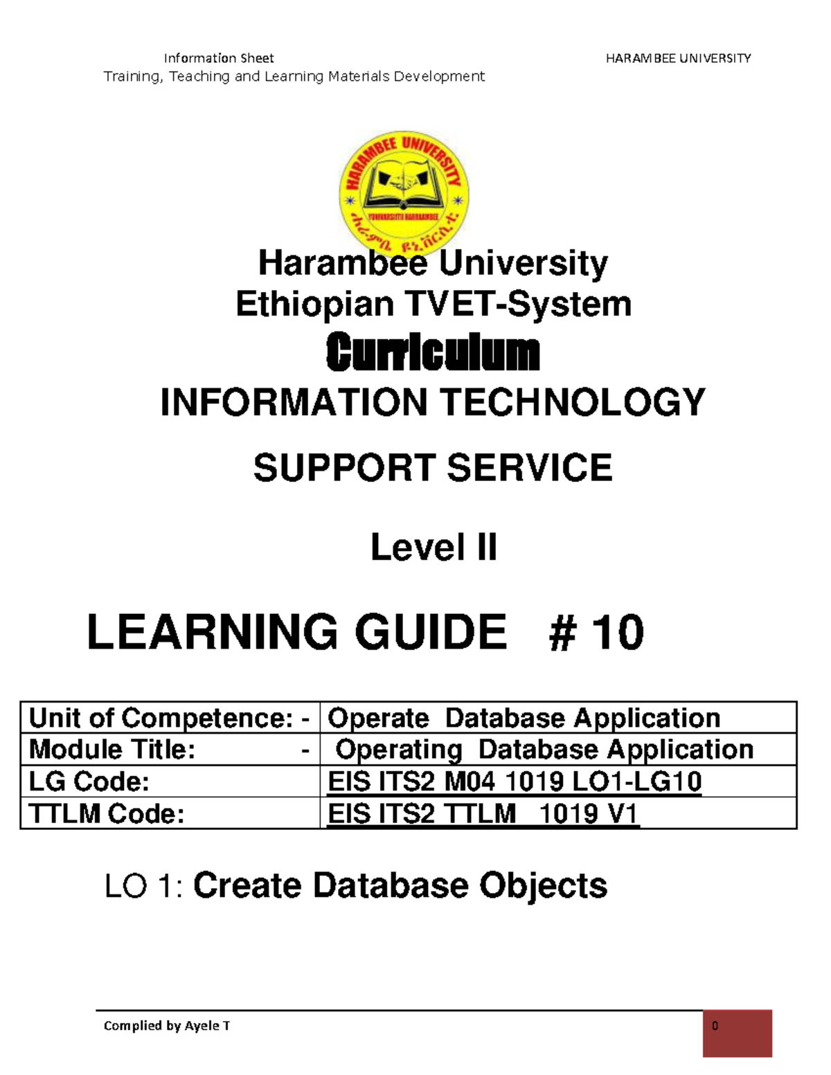 Operate Database Application LO1 - Training, Teaching and Learning ...
