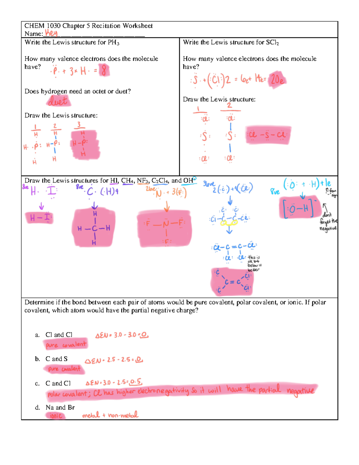 KEY Chp 5 Recitation Sheet - CHEM 1030 Chapter 5 Recitation Worksheet ...
