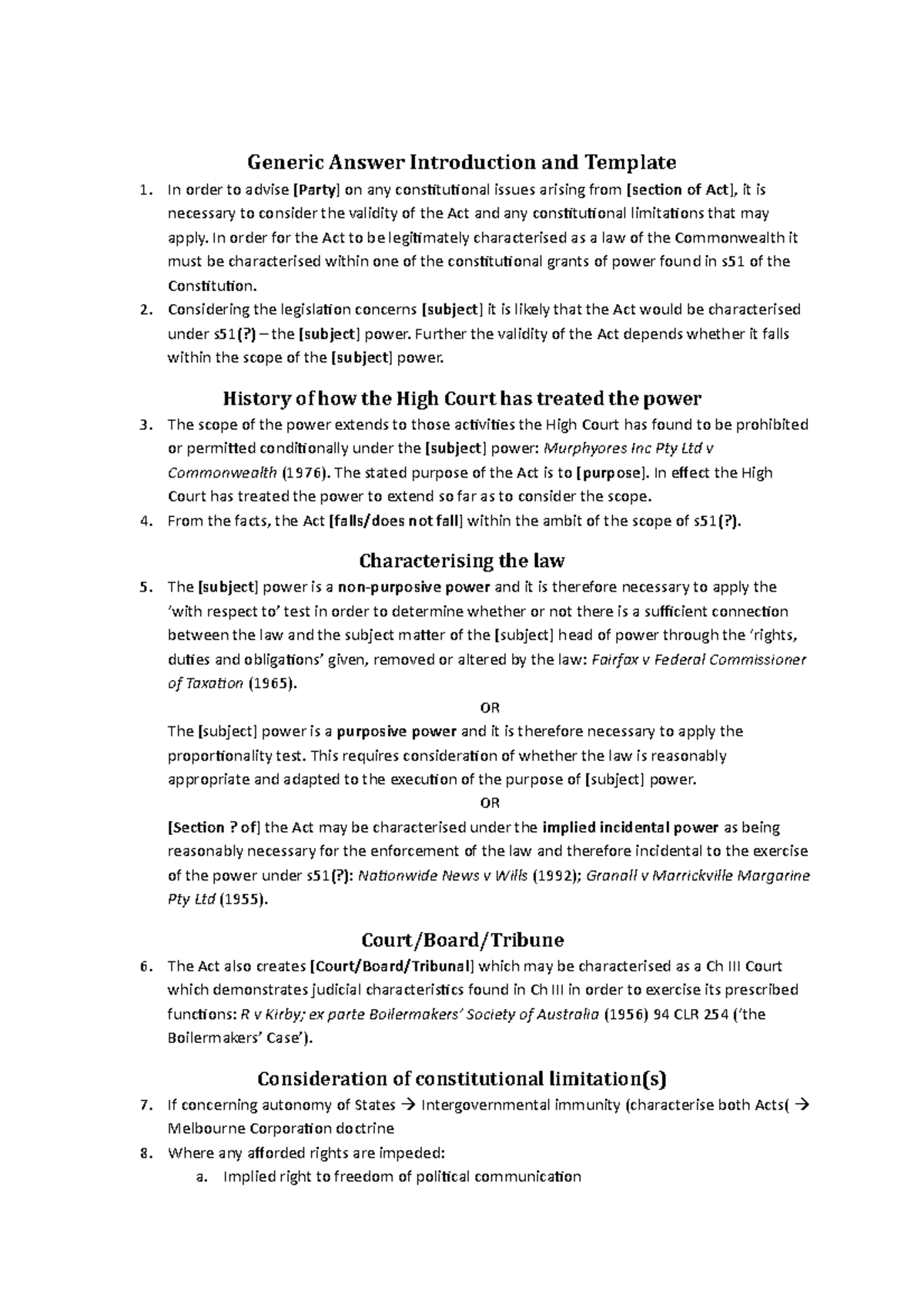contracts notes - Generic Answer Introduction and Template In order to ...
