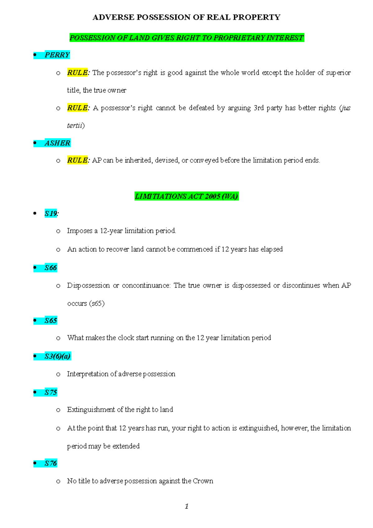 Property Law - Adverse Possession Exam Notes - ADVERSE POSSESSION OF ...