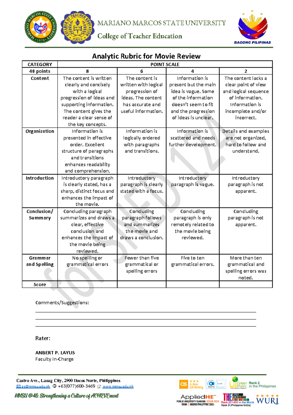 Rubric Movie Review Updated - MARIANO MARCOS STATE UNIVERSITY College ...