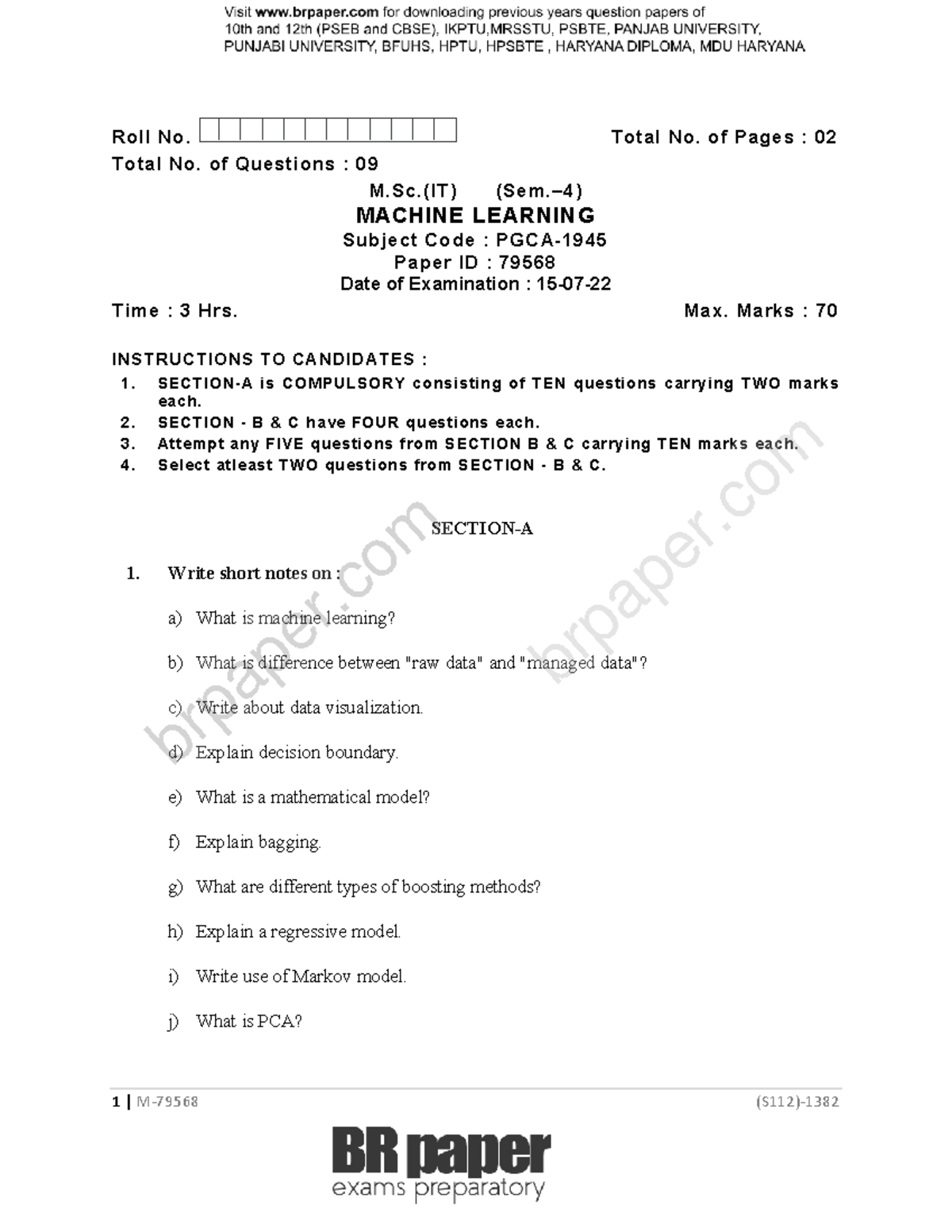 ML(4th)May2022 - PYQs of Machine Learning of Btech CSE - 1 | M- 79568 (S1 12 )- 1382 Roll No ...