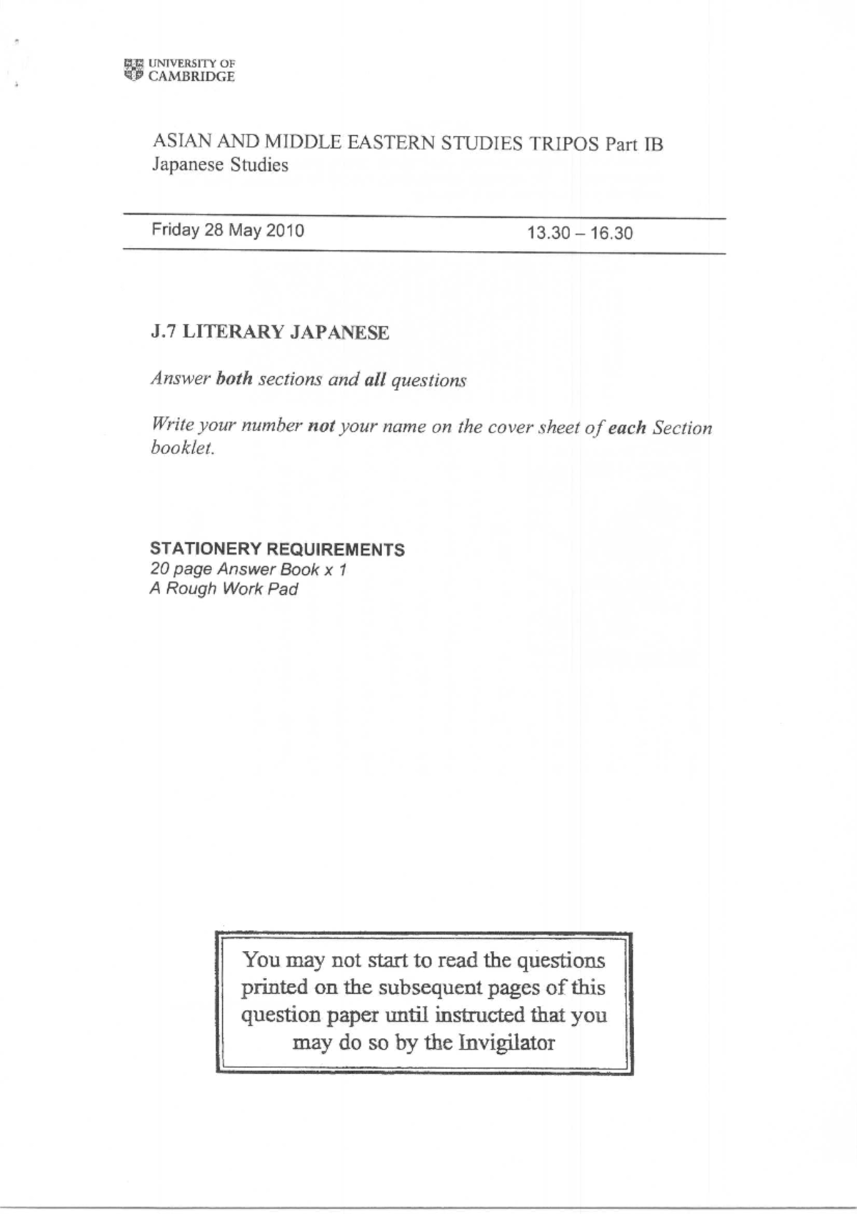 Exam 2010, questions - EEK UNIVERSITY OF CAMBRIDGE ASIAN AND MIDDLE ...