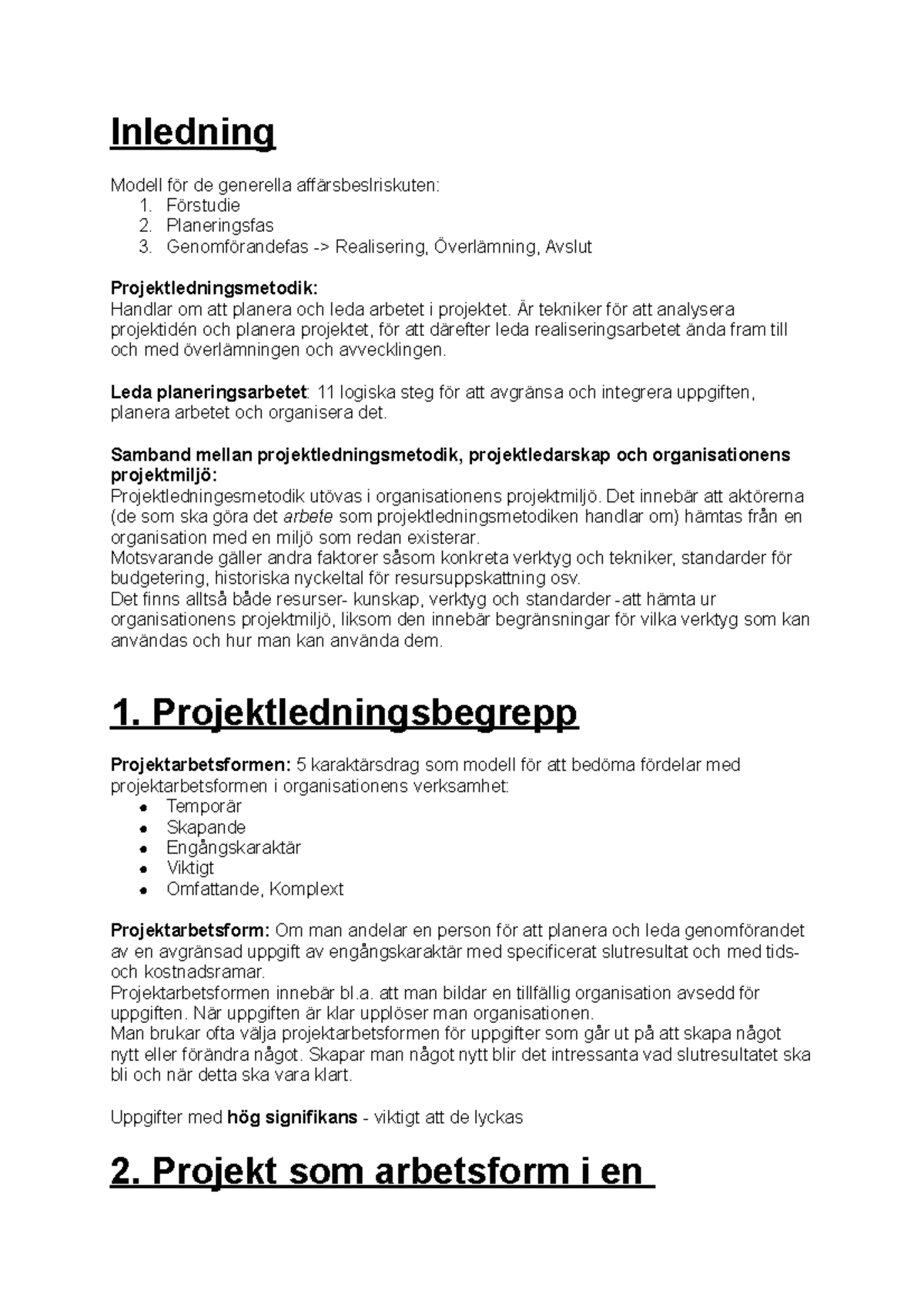 Sammanfattning - Projektledning - Inledning Modell för de generella ...