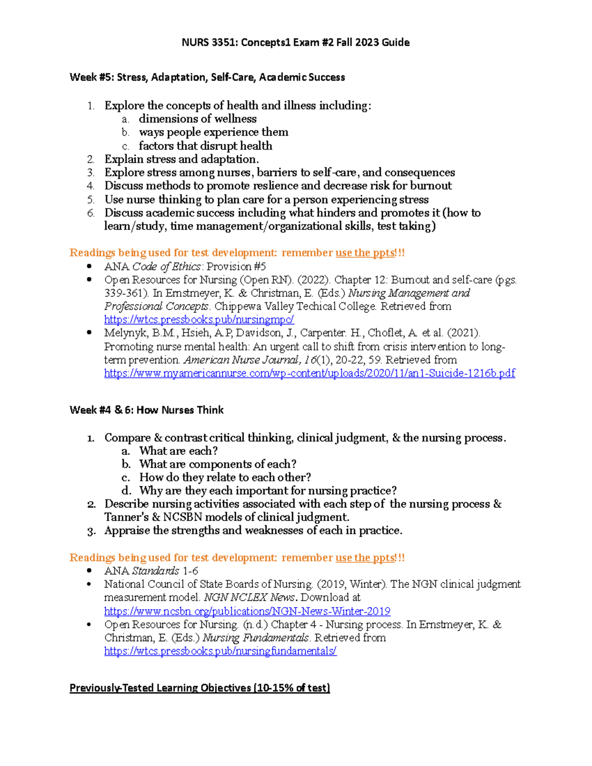 Exam #2 guide - NURS 3351: Concepts1 Exam #2 Fall 2023 Guide Week #5 ...