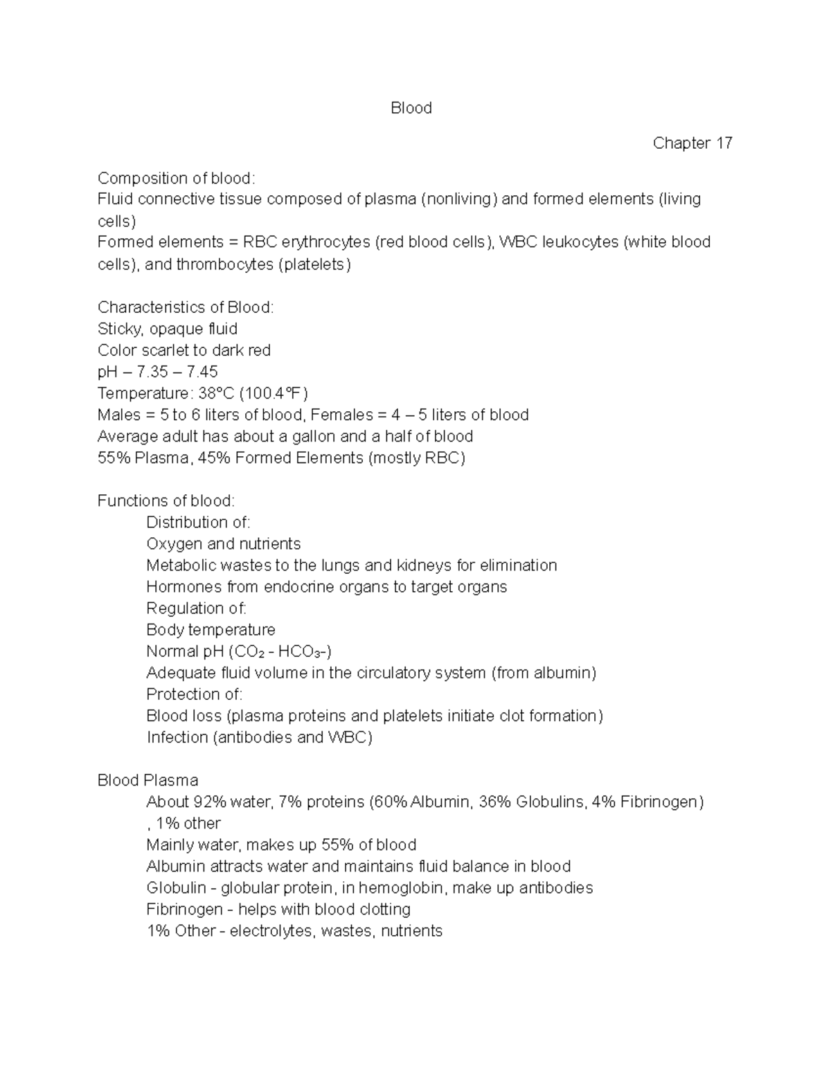 9, Blood Notes - Blood Chapter 17 Composition of blood: Fluid ...