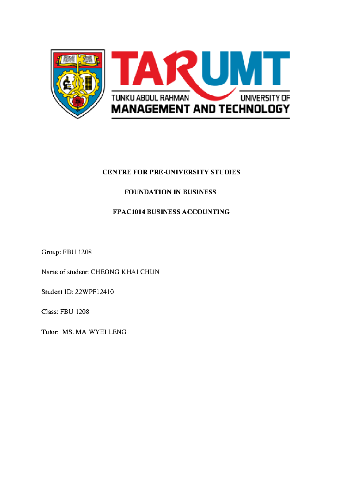 BA Assignment Cheong KHAI CHUN FBU1208 - CENTRE FOR PRE-UNIVERSITY ...