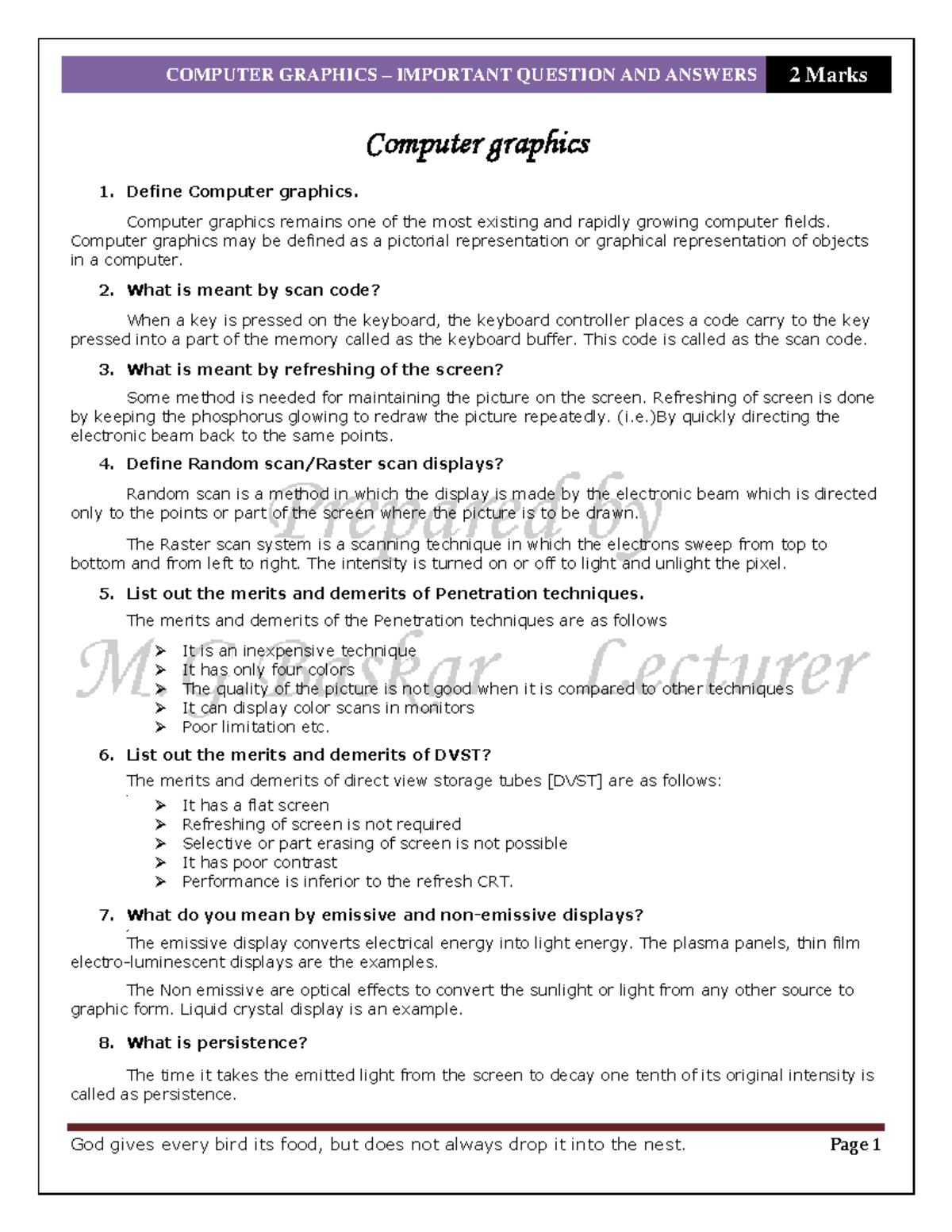 Cg2mark - CG questions with answers - Computer graphics 1. Define ...