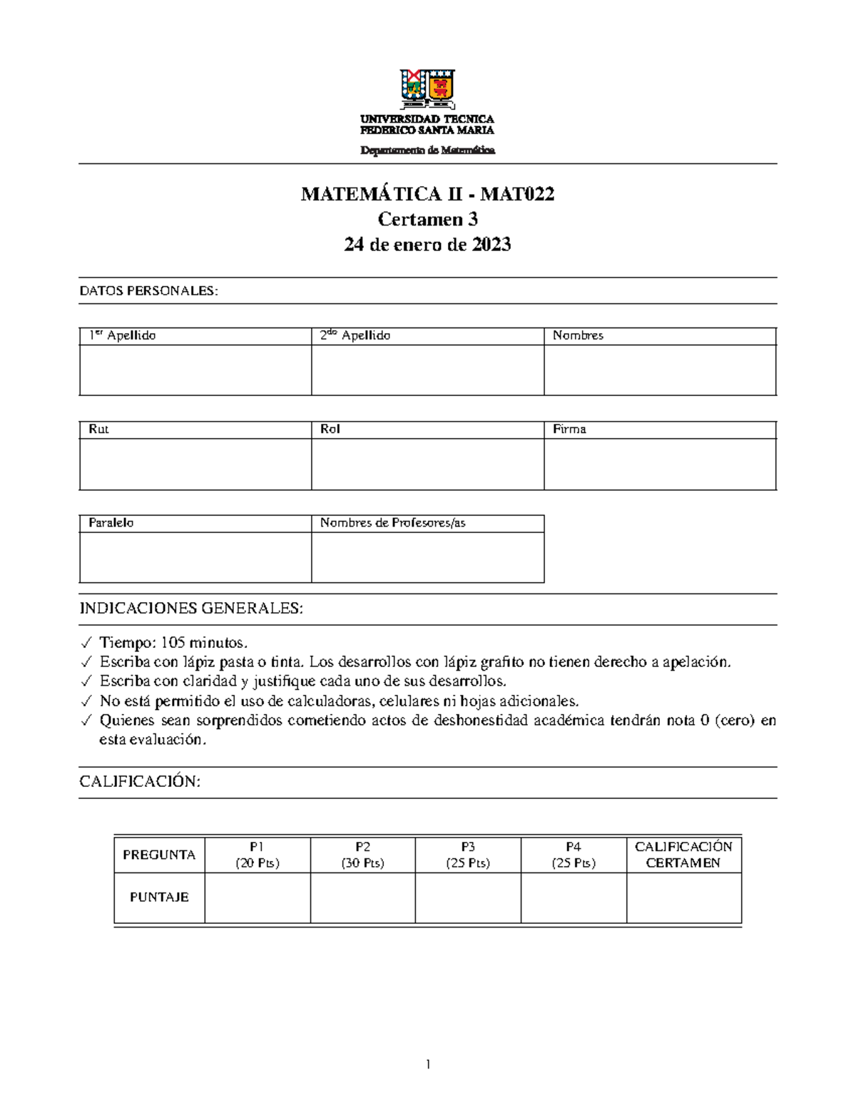 Pauta Certamen 3 MAT022 PAE sp - MATEM ́ATICA II - MAT Certamen 3 24 de enero de 2023 DATOS ...