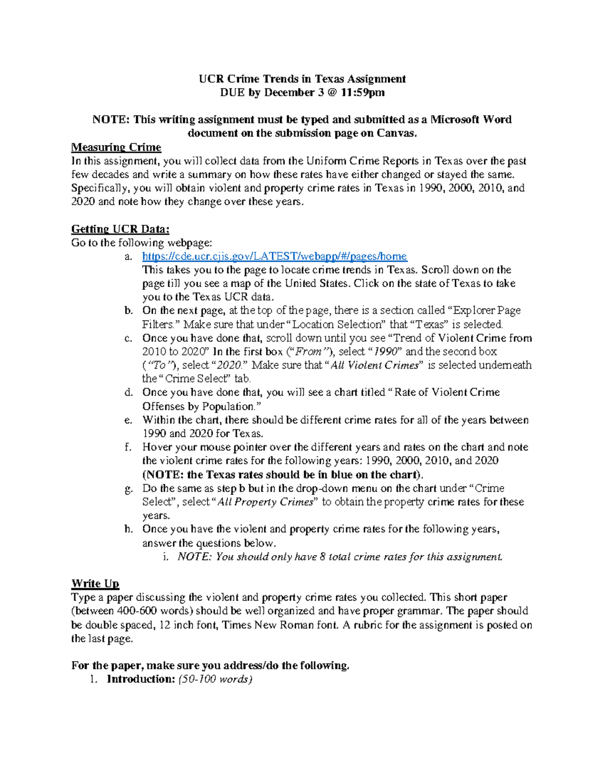 UCR Assignment for Fall 2023 CJUS 2100 - UCR Crime Trends in Texas ...