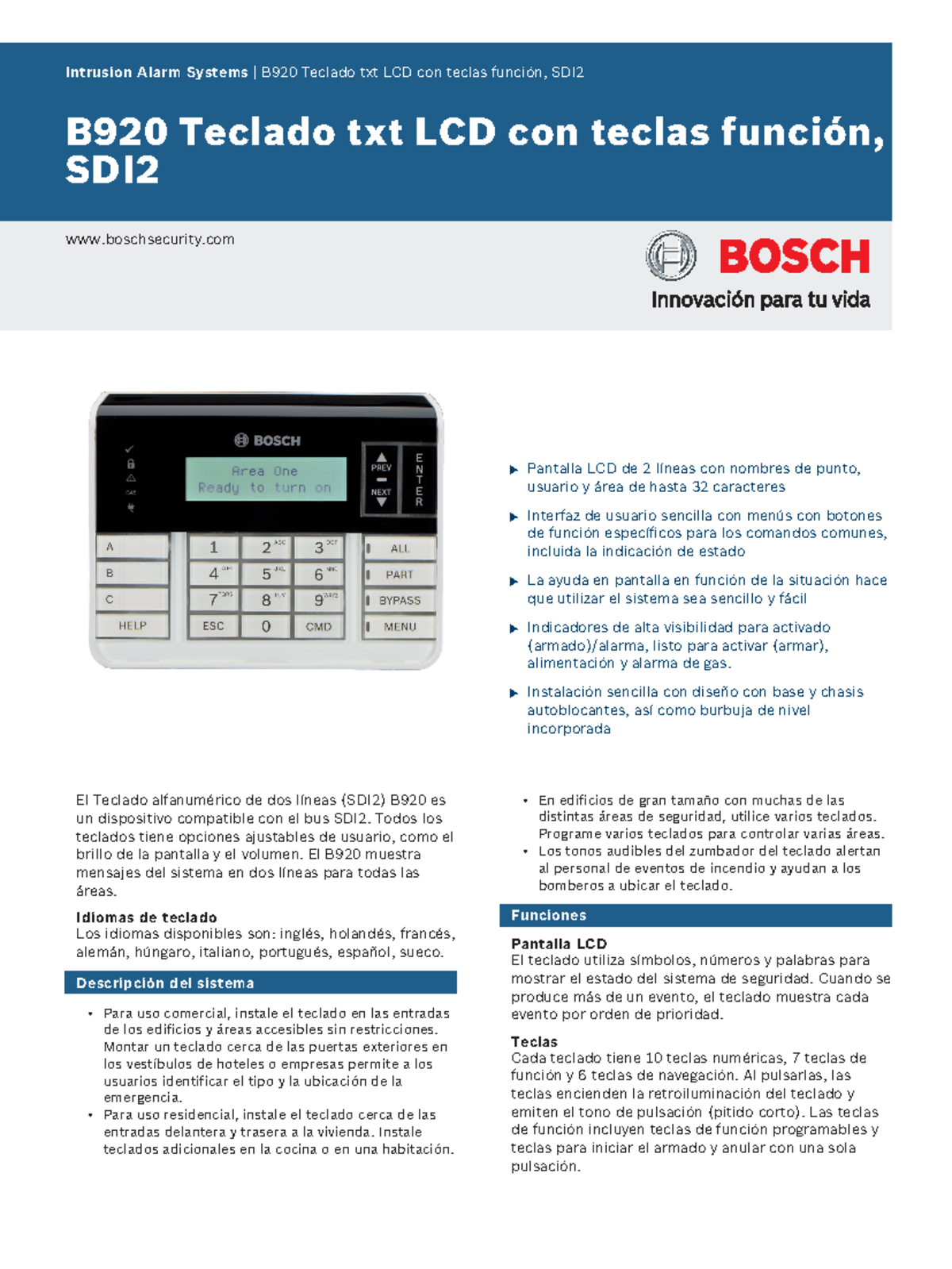 B920 datasheet Data sheet es ES 10683747211 - Intrusion Alarm Systems ...