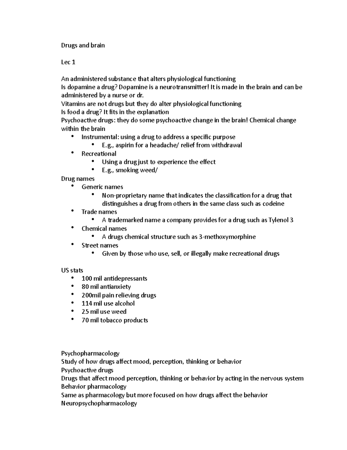 Drugs and brain lec 1 - PCL200 - U of T - Studocu