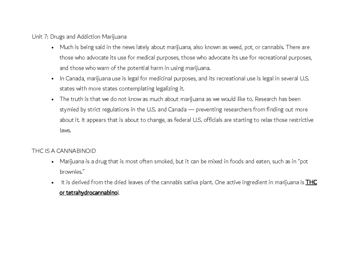 Unit 7: Drugs and Addiction Marijuana - Unit 7: Drugs and Addiction ...