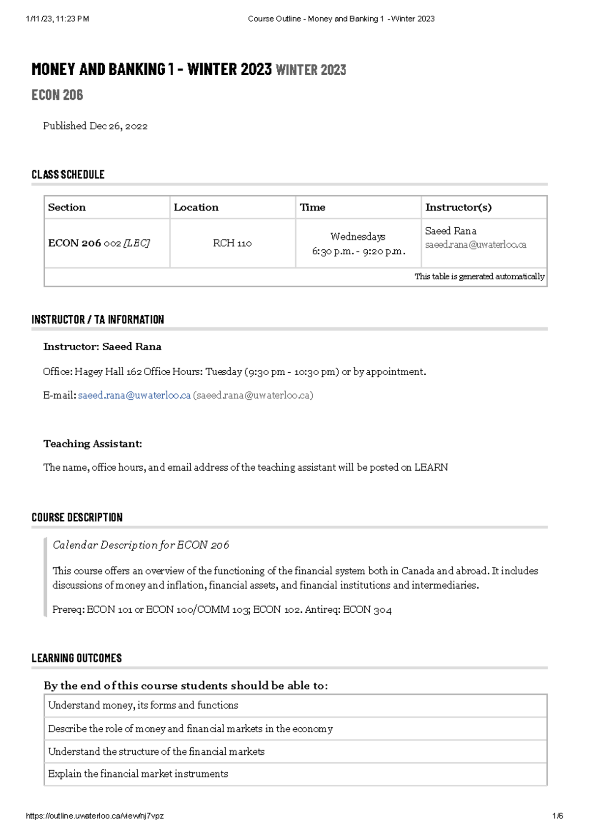 Course Outline - Money and Banking 1 - Winter 2023 - MONEY AND BANKING ...