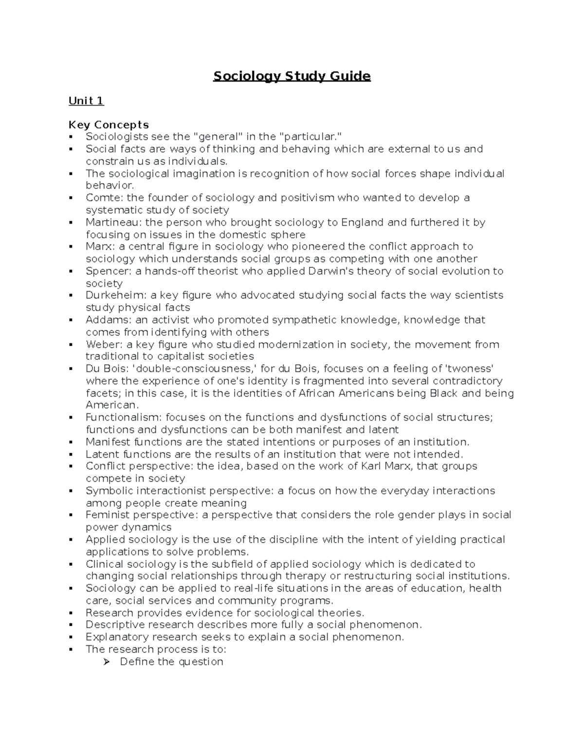 Sociology Study Guide - Sociology Study Guide Unit 1 Key Concepts ...