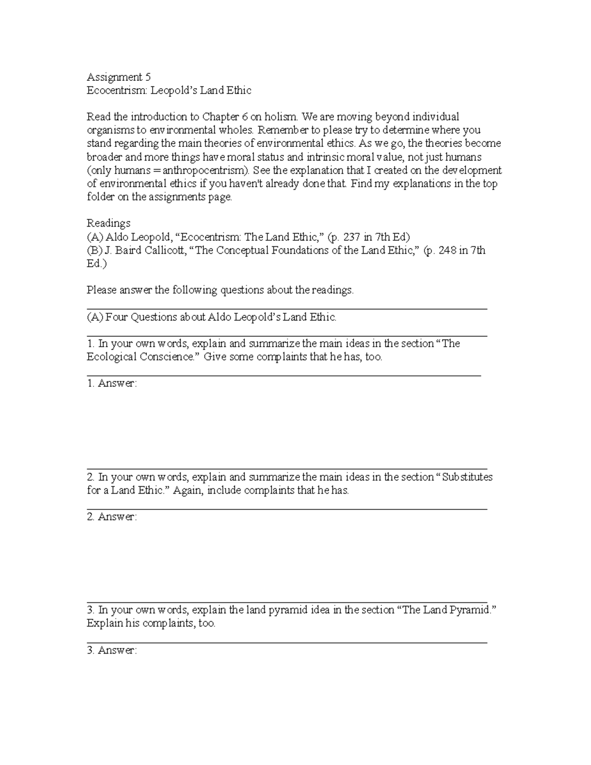 Assignment 5 Aldo Leopold's Land Ethic 3 (1) - Assignment 5 Ecocentrism ...