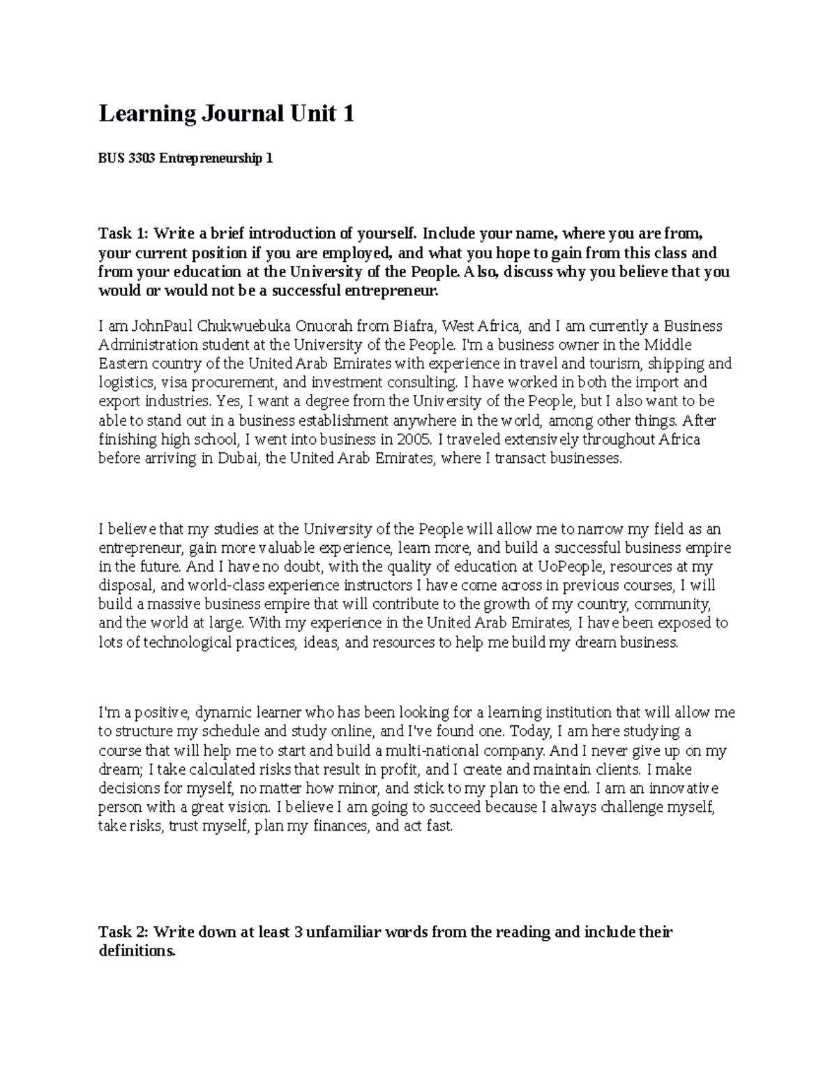 Learning Journal Unit 1 - BUS 3303 - BUS 3303 - UoPeople - Studocu