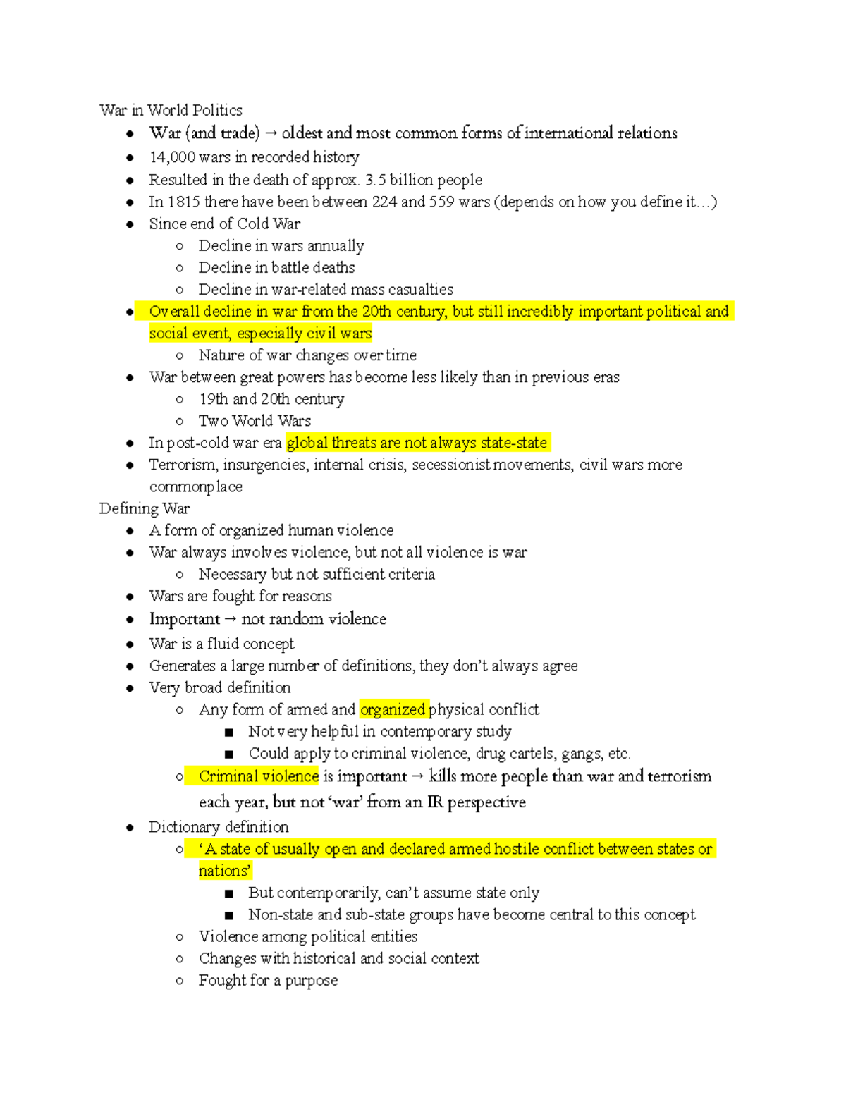Chapter 10 - lecture notes - War in World Politics War (and trade) → ...
