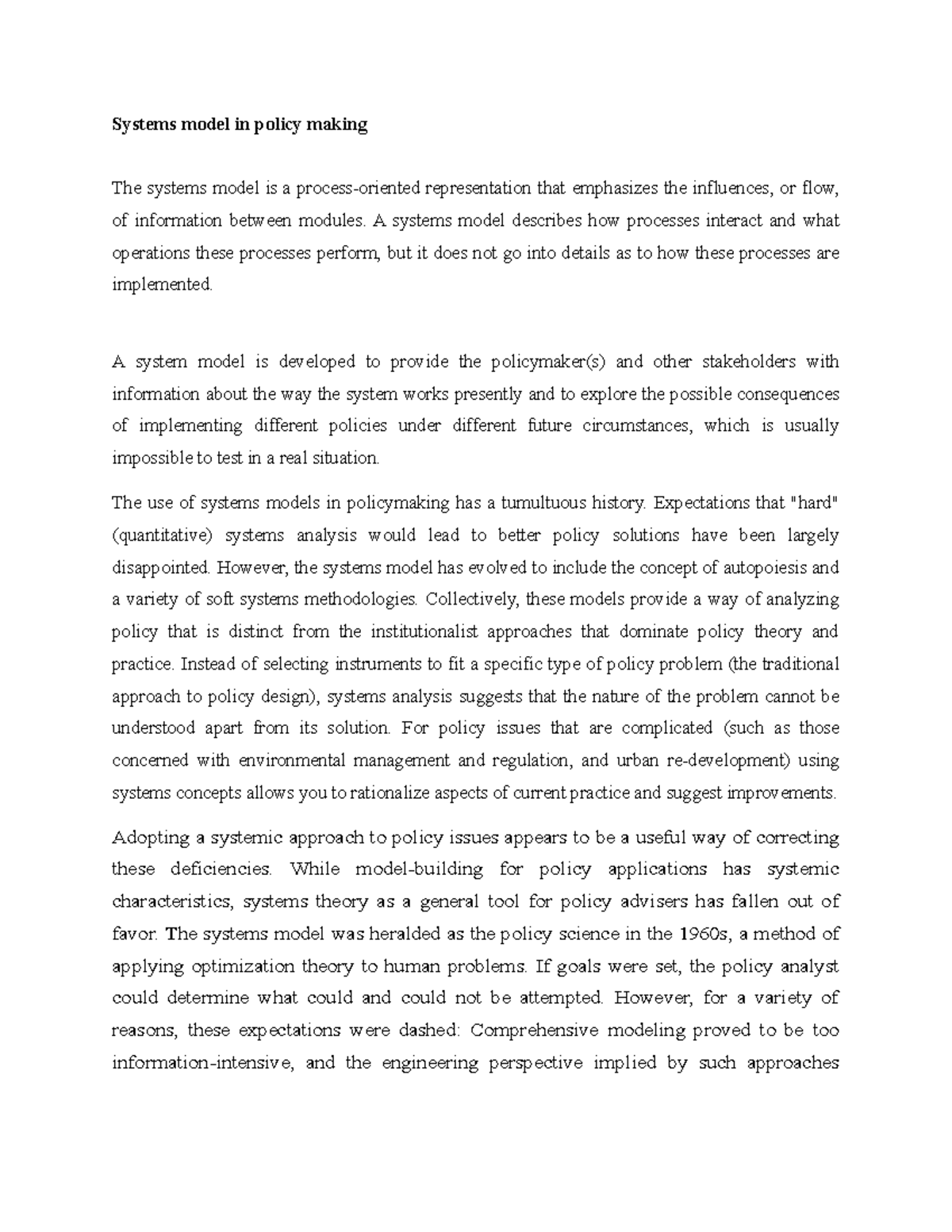 social work administration and management - Systems model in policy ...