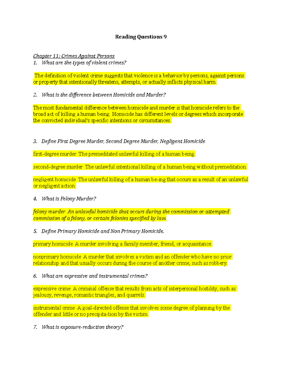 Rq 9 - yes - Reading Questions 9 Chapter 11: Crimes Against Persons ...