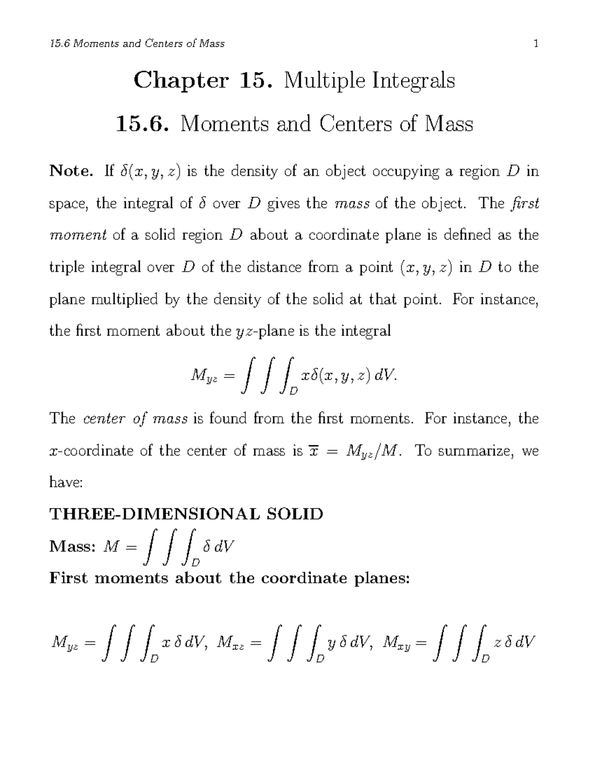 Moments and Centers of Mass - Chapter 15. Multiple Integrals 15. Moments and Centers of Mass ...