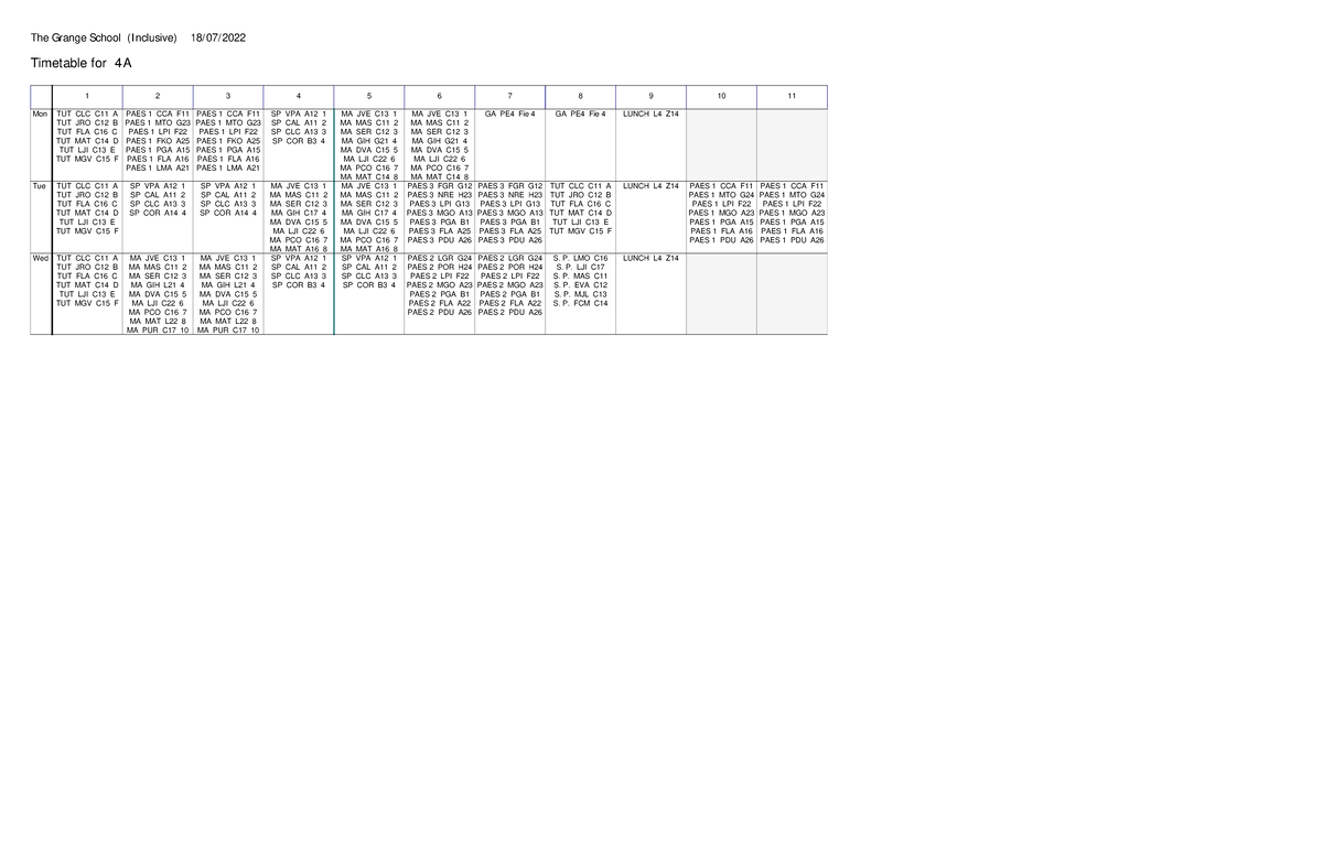 4Â°EM Class Timetable 2Â° Semester 2022 - Timetable for 4A TUT LJI C13 ...