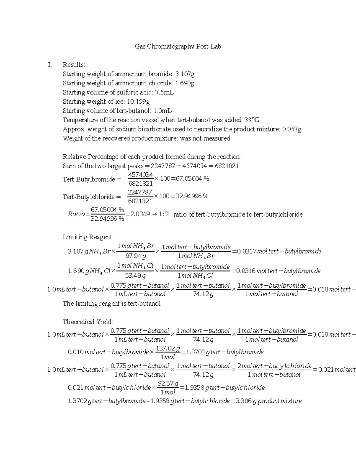 Experiment 9 Post-Lab - Gas Chromatography Post-Lab I. Results: Starting weight of ammonium ...