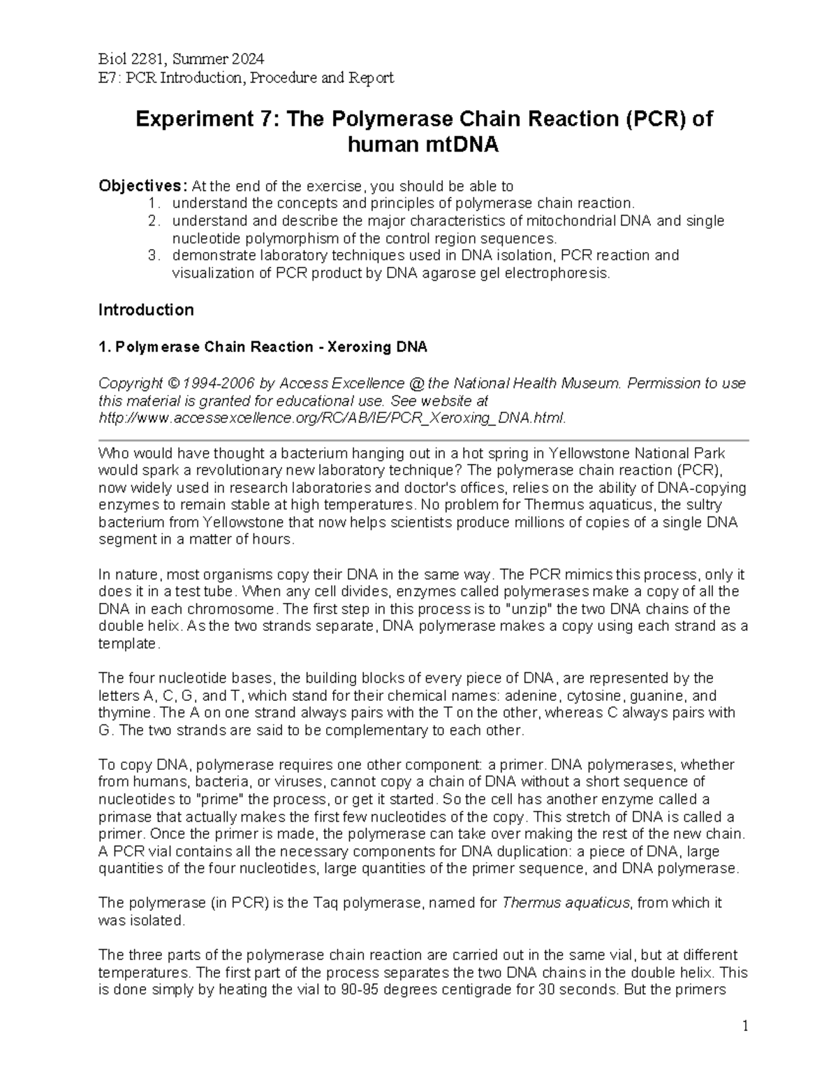 E7 Procedure and lab report Summer 2024 - E7: PCR Introduction, Procedure and Report Experiment ...
