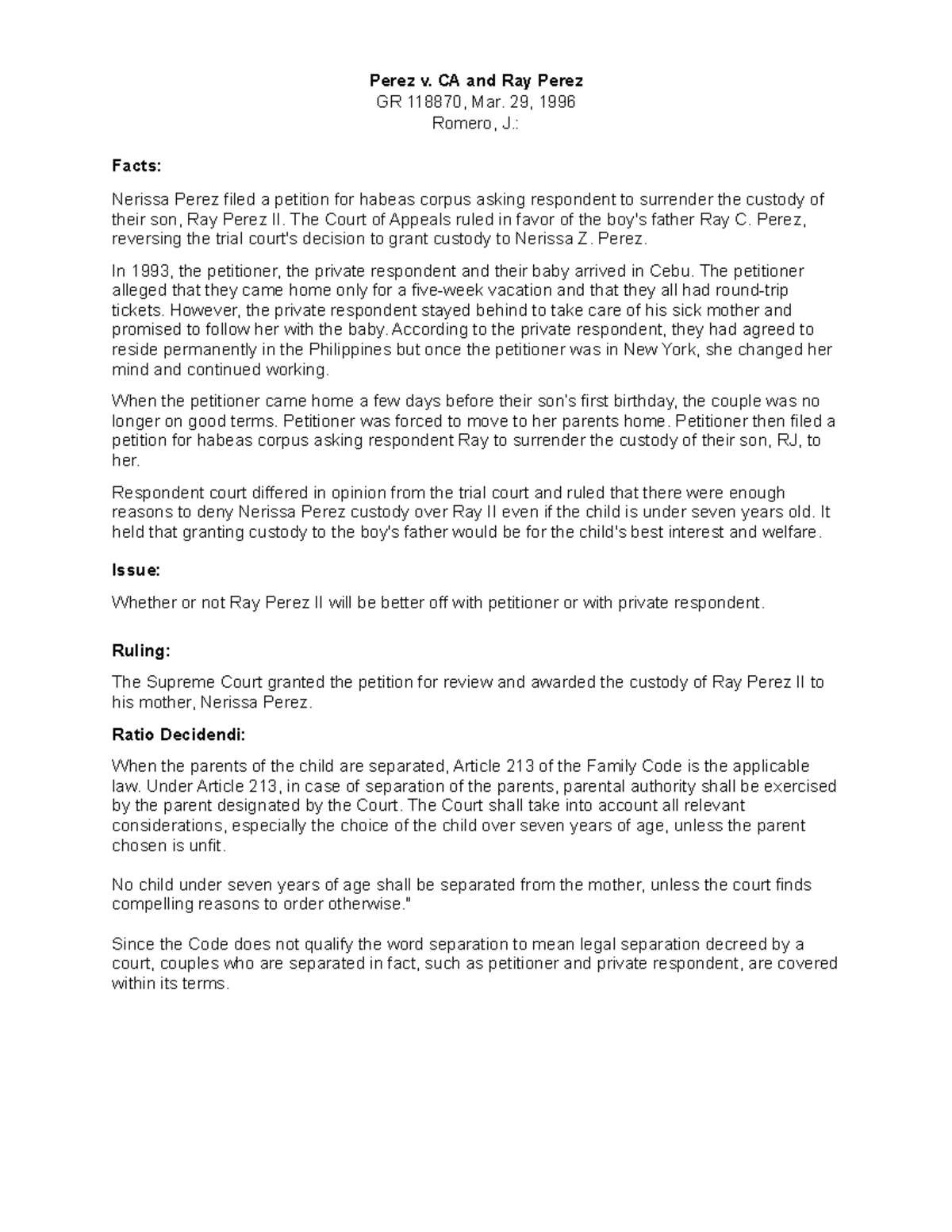 Perez v. CA, GR 118870, Mar. 29, 1996 - Perez v. CA and Ray Perez GR ...